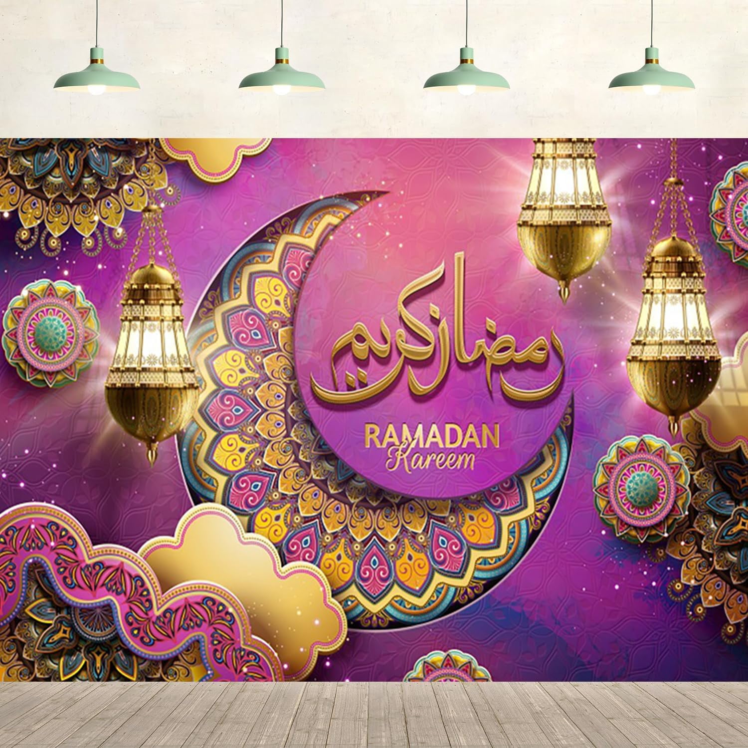 Ramadan Kareem Backdrop Eid Mubarak Decoration Banner Purple Golden ...