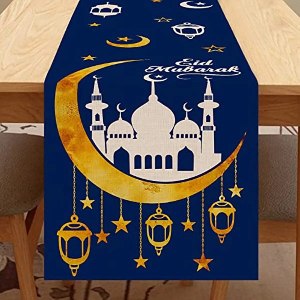 Ramadan Kareem Linen Table Runner Home Party Decor Gold Blue Moon Eid ...
