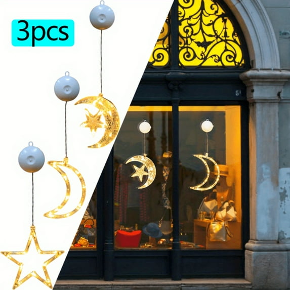 Ramadan Moon Star Lights 3-Pack, Suction Cup LED Window Decor with Auto ...
