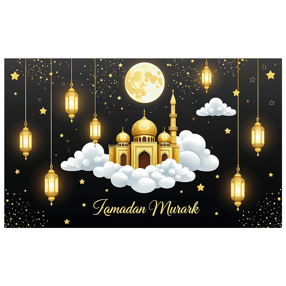 Ramadan Themed Banner with Golden Mosque Lanterns Stars Background ...