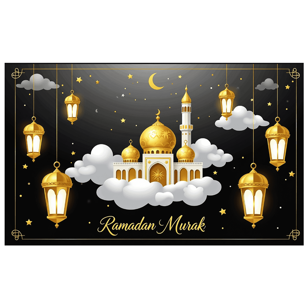 Ramadan Themed Banner with Golden Mosque Lanterns Stars Background ...