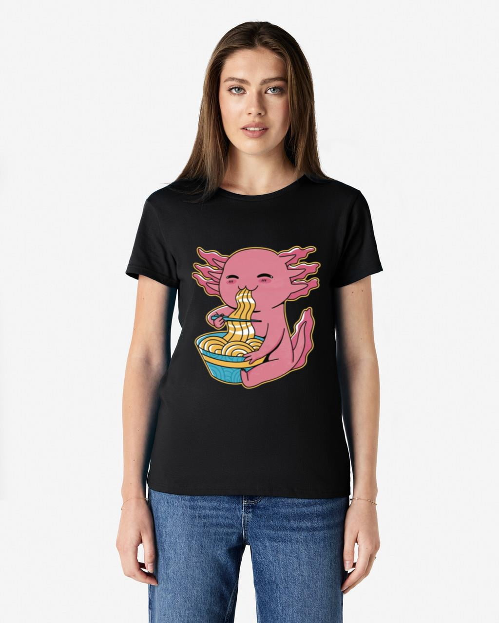 Ramen Axolotl T-shirt â€“ Cute Amphibian Eating Noodles Graphic Tee ...