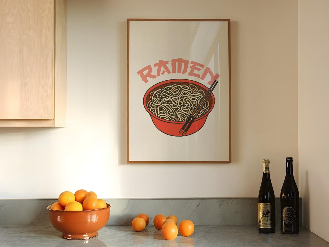 Ramen Bowl Kitchen Art Print - Japanese Food Poster With Red Bowl And ...