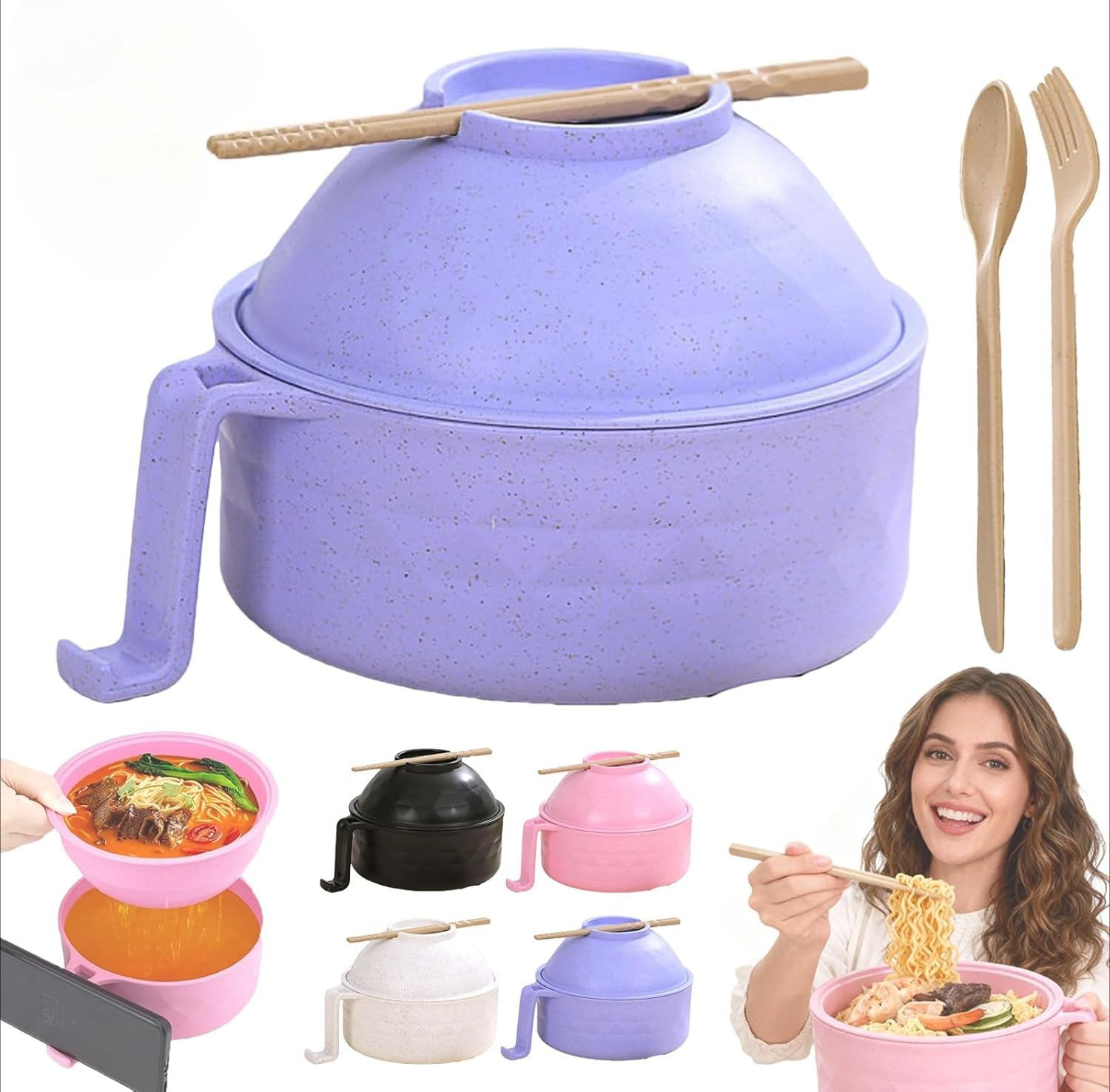 Ramen Bowl Set with Strainer, Microwave Safe Ramen Cooker Bowl with Lid ...