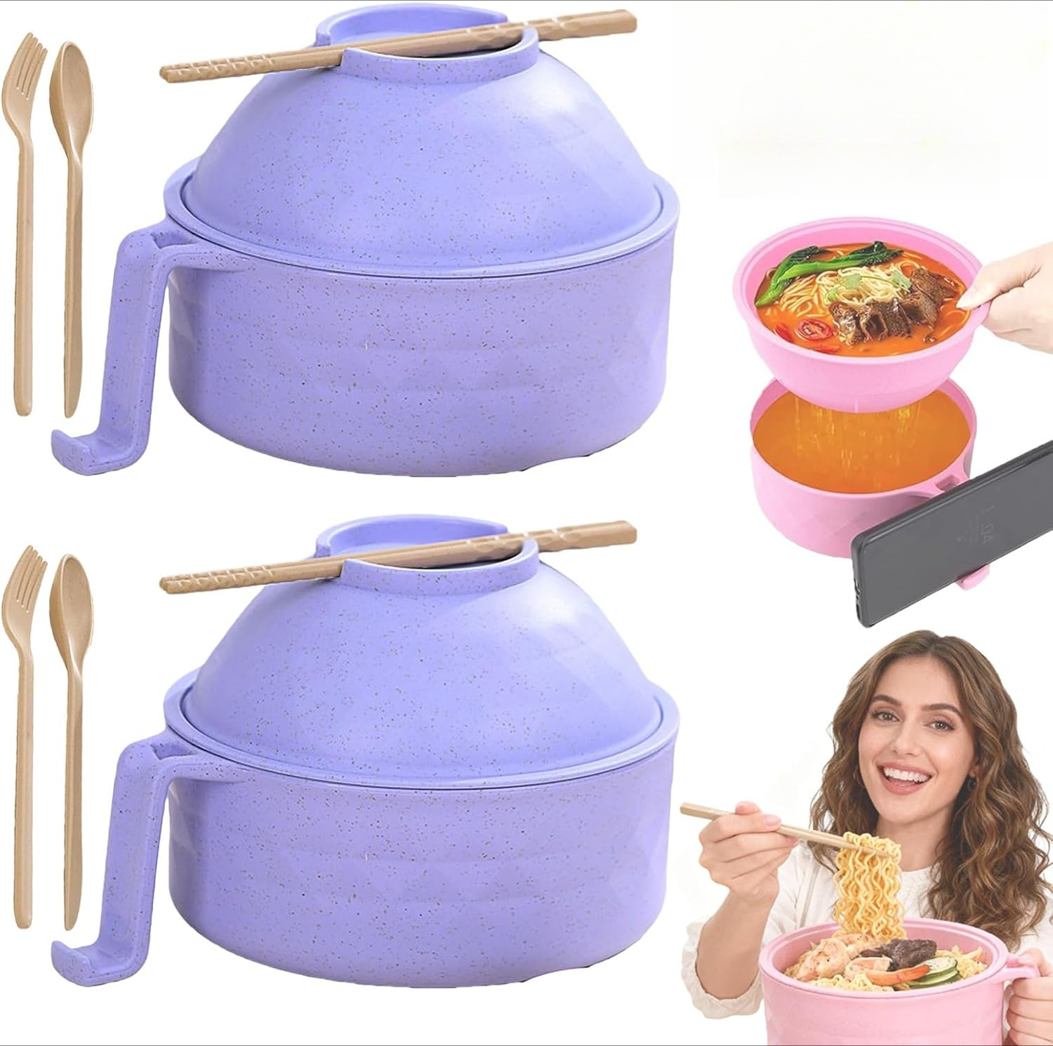 Ramen Bowl Set with Strainer, Microwave Safe Ramen Cooker Bowl with Lid ...