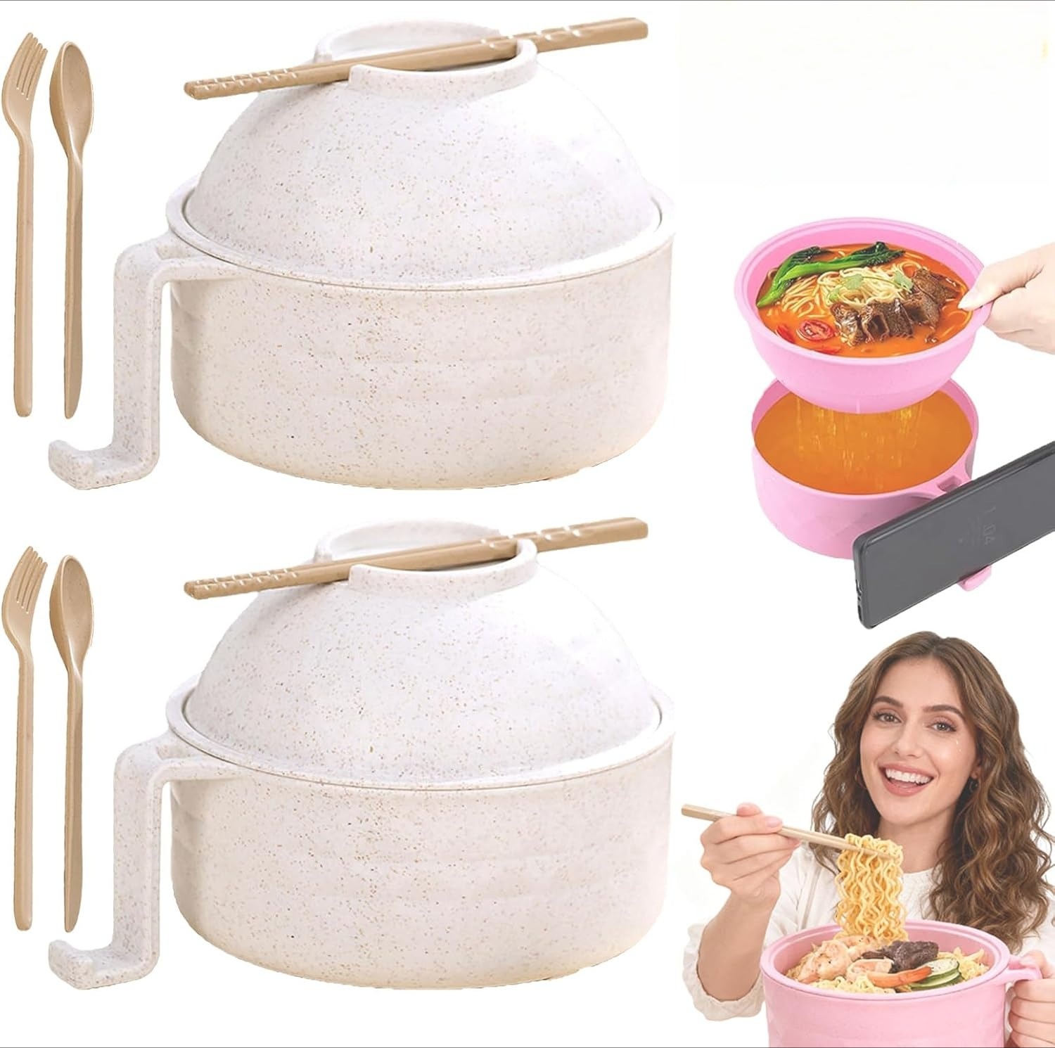 Ramen Bowl Set with Strainer, Microwave Safe Ramen Cooker Bowl with Lid ...