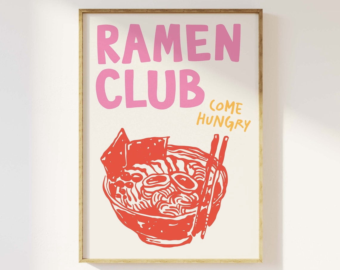 Ramen Club Print, Art, Pink Kitchen Food Decor, Retro Japanese Ramen ...