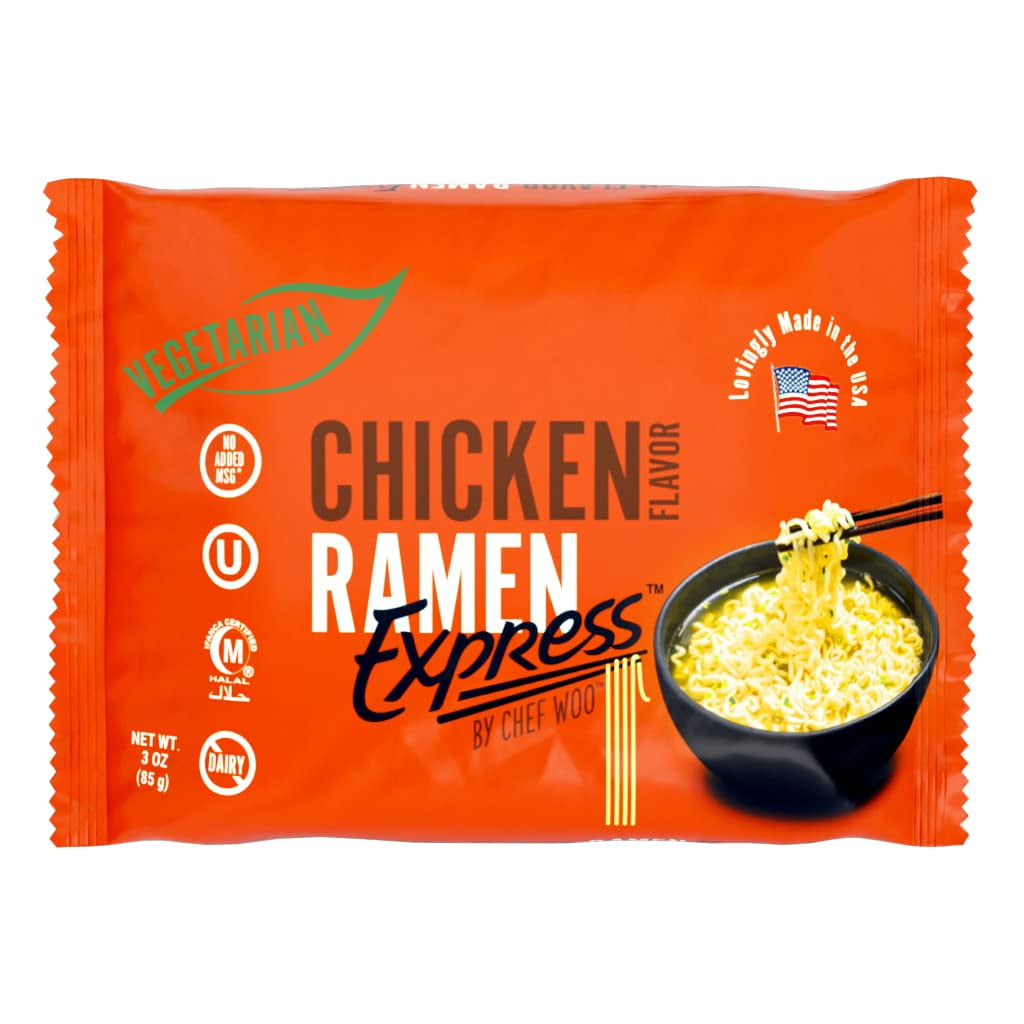 Chef Woo's Ramen Express Vegetarian Chicken Flavor Ramen Noodle, Plant-Based Soup Cups, Halal ...