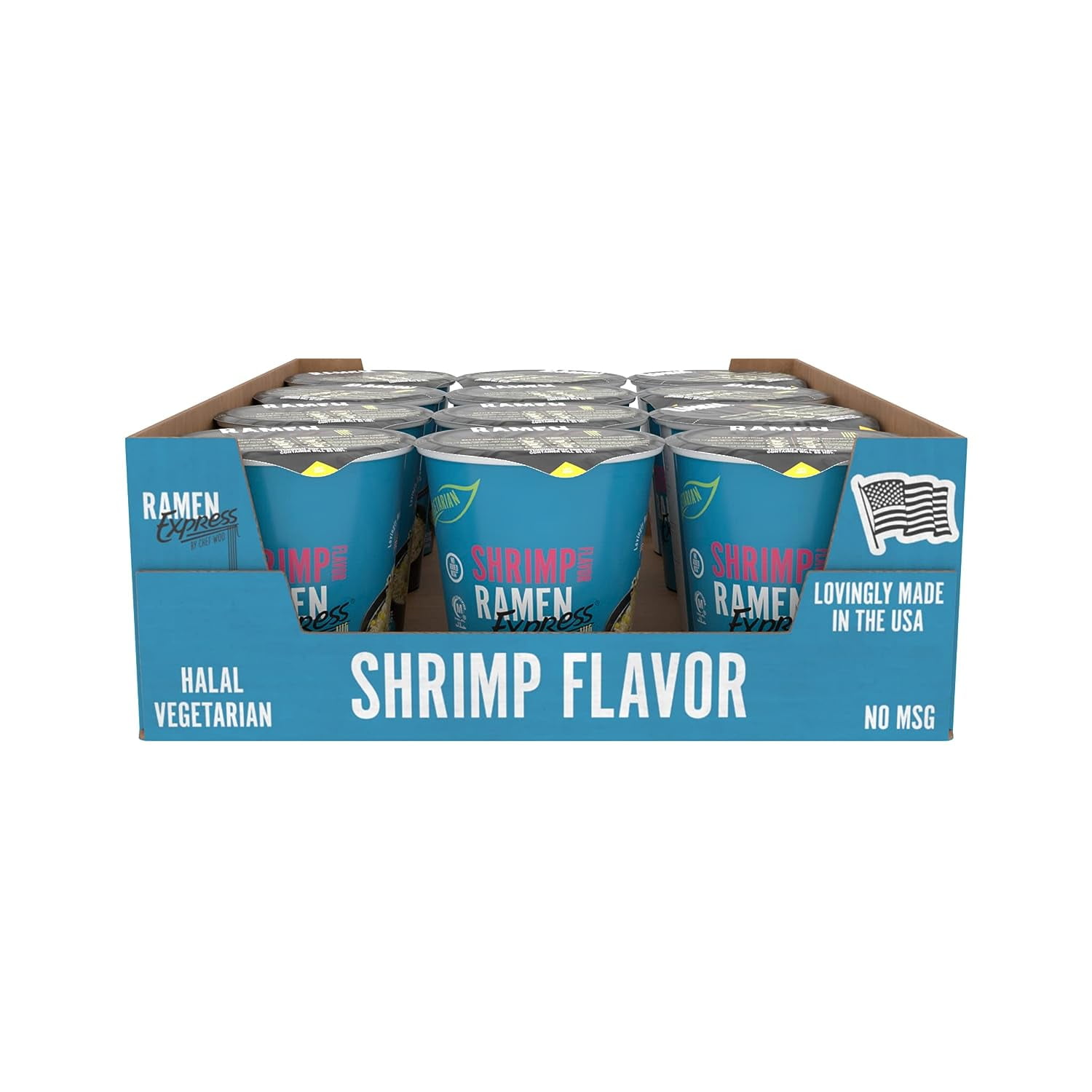 Ramen Express Shrimp Flavor Ramen Noodles by Chef Woo, Vegan, Halal, Kosher, 2.25 oz Cup, 12 ...