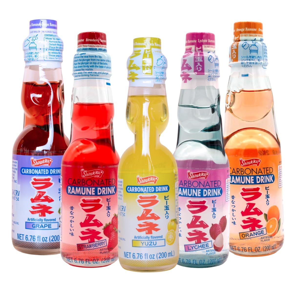 Ramune Japanese Soda Variety Pack - Yuzu, Lychee, Grape, Strawberry, and Orange.Japanese Marble ...