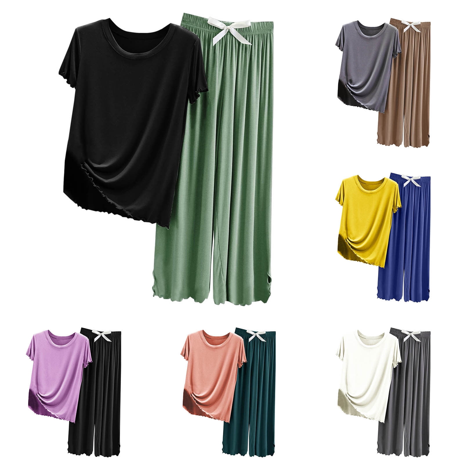 RanBlesu Womens Pajamas Set,Pants 2 Piece Crew Neck Short Sleeve Lounge ...