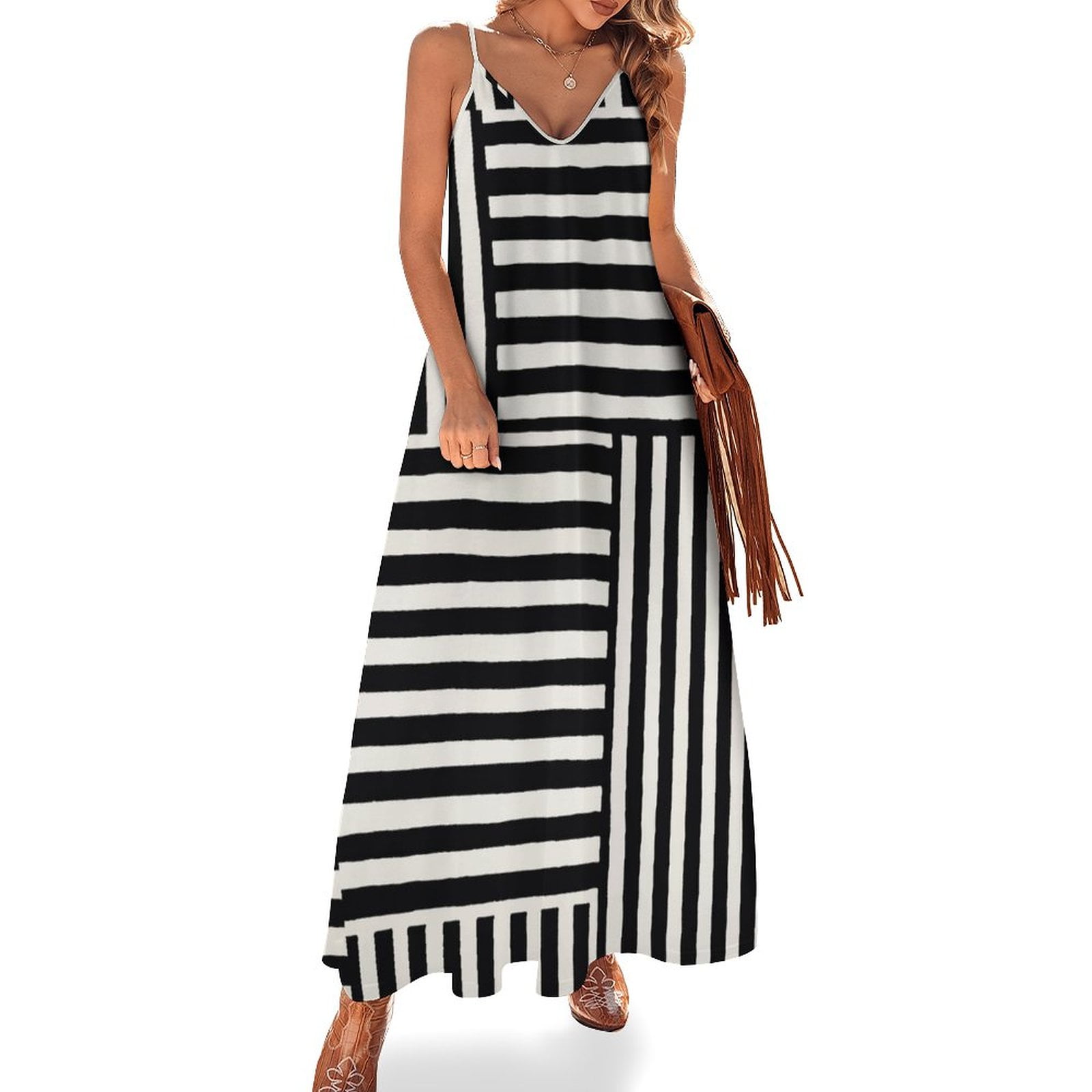 Random Black Stripes Pattern Sleeveless Dress Women's long dress ladies ...