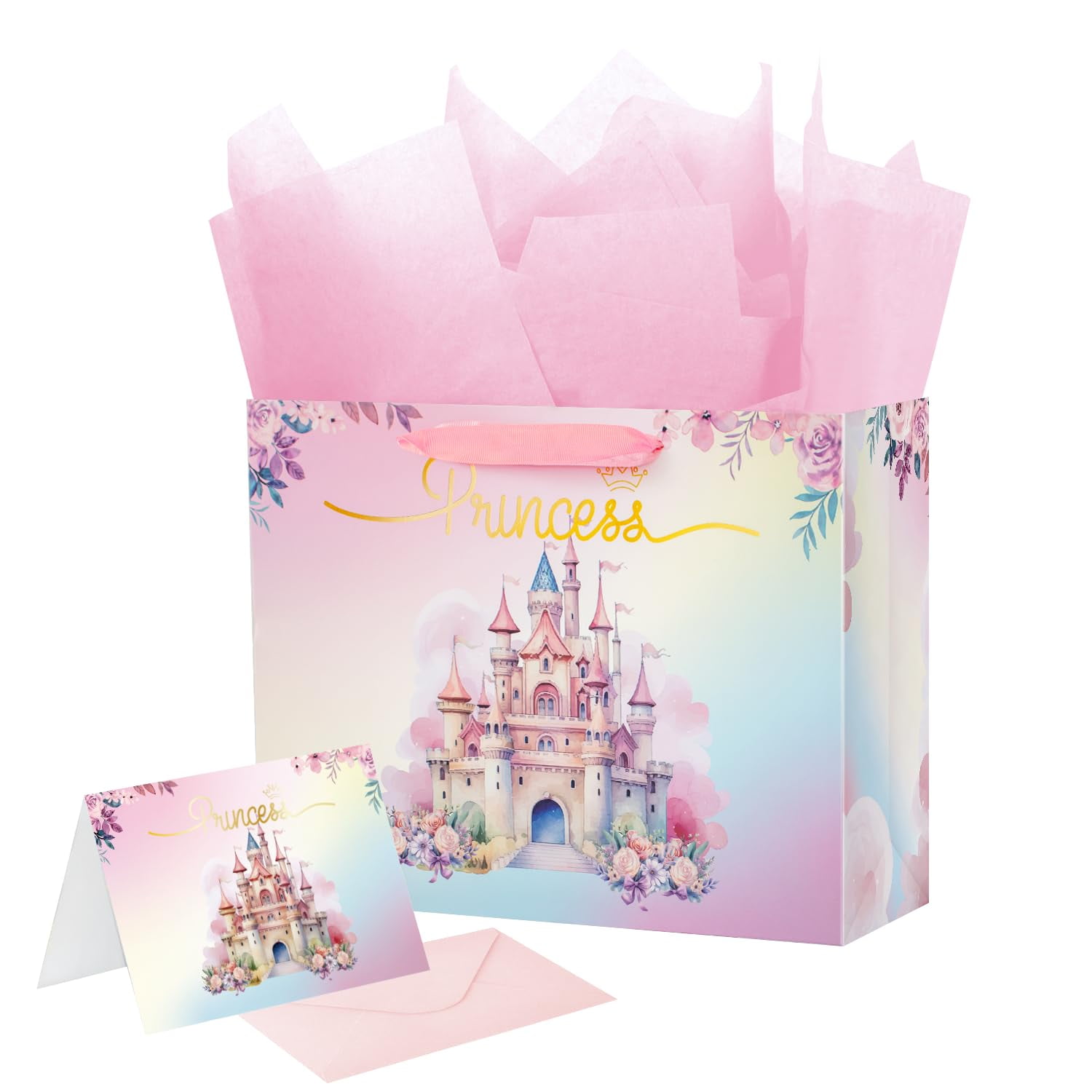 Ranfashiong 13" Pink Castle Large Birthday SMRGift Bag with Tissue Paper for Gender Reveal Party ...
