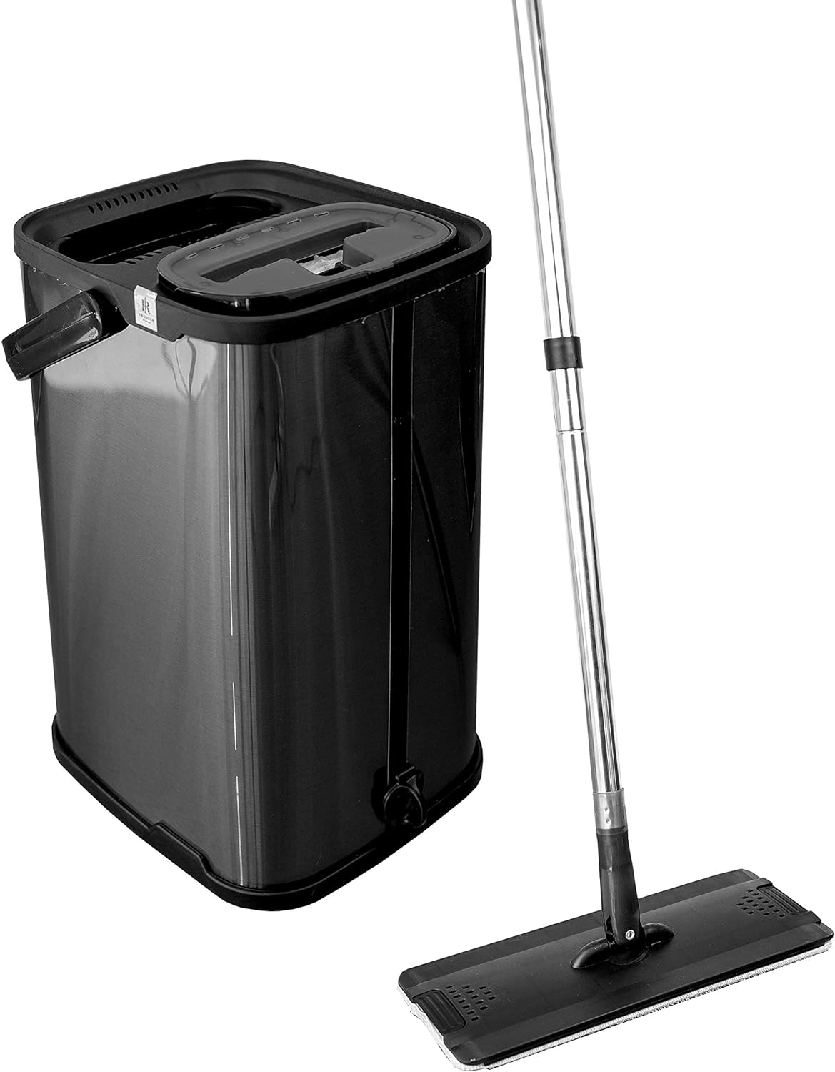 Rang Black Flat Floor Mop and Bucket Set, Stainless Steel Bucket and ...