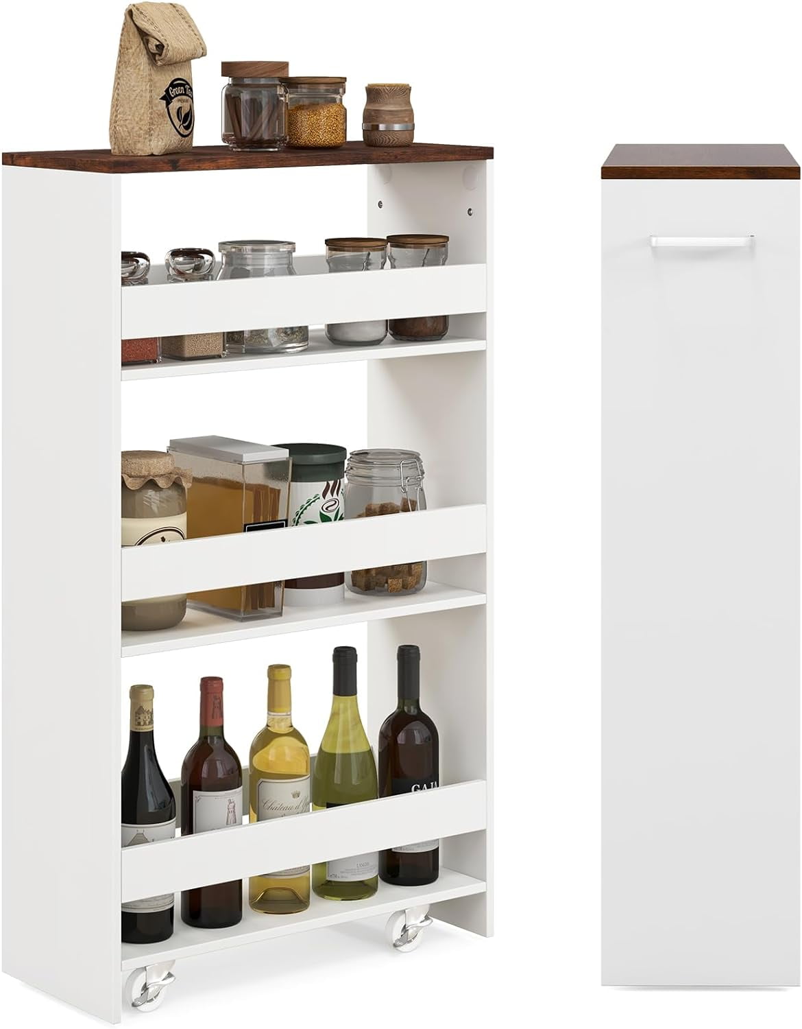 Rang Wooden Slim Rolling Storage Cart, 4 Tier Rolling Spice Rack with ...