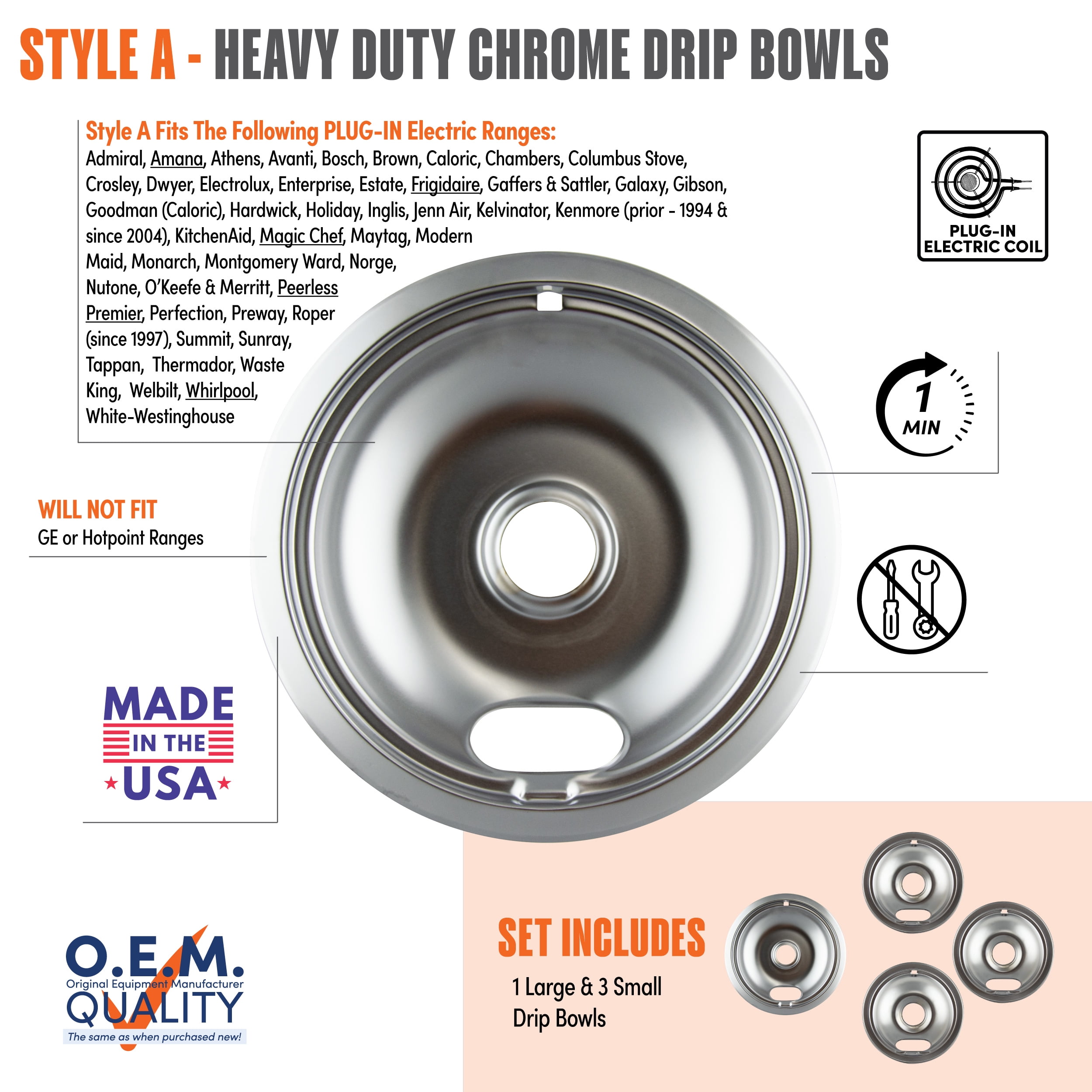Range Kleen 10124XZ Style A Heavy Duty Chrome Drip Bowl set of 3 small ...