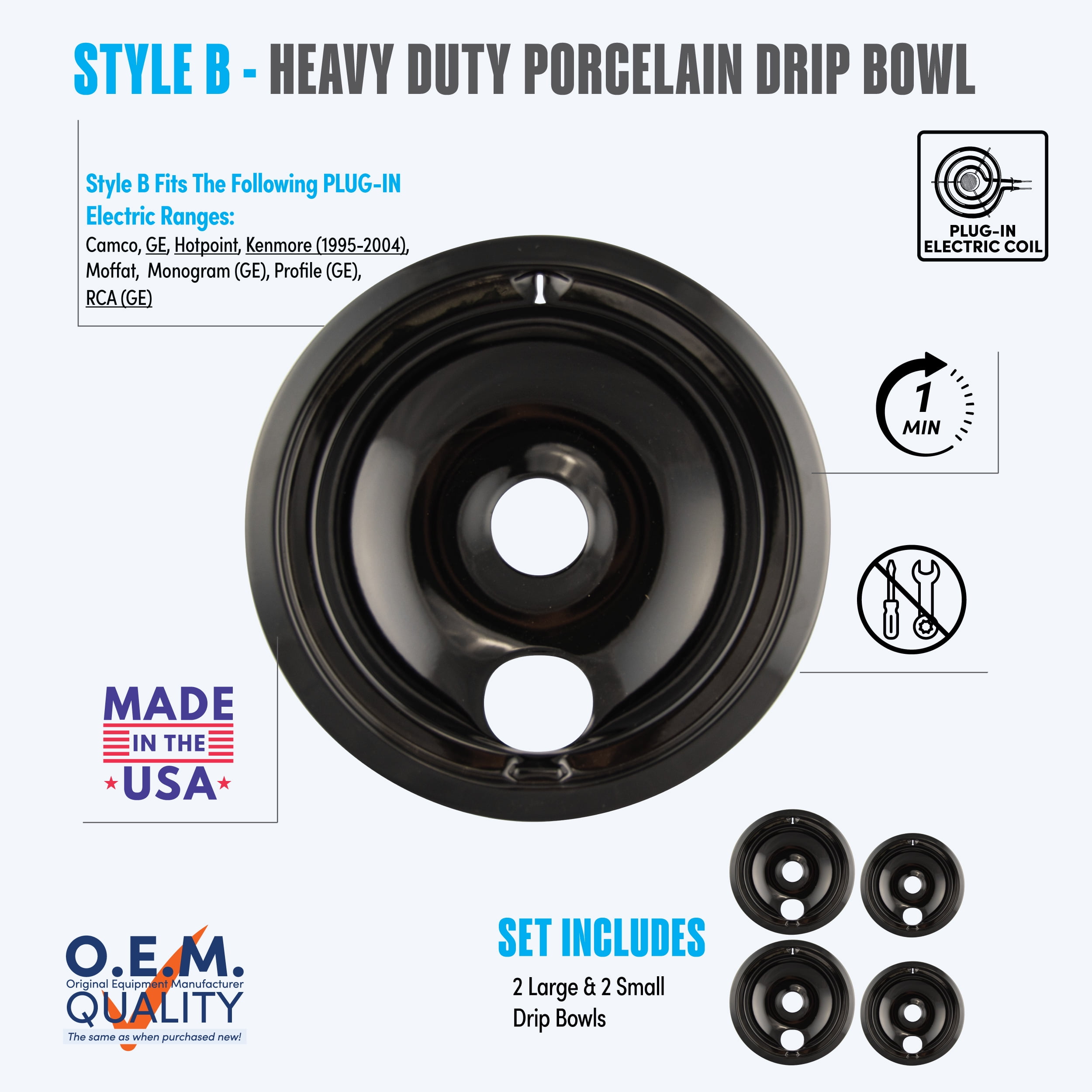 Range Kleen Electric Stove Drip Pans, Style B, Black Porcelain, Kitchen ...