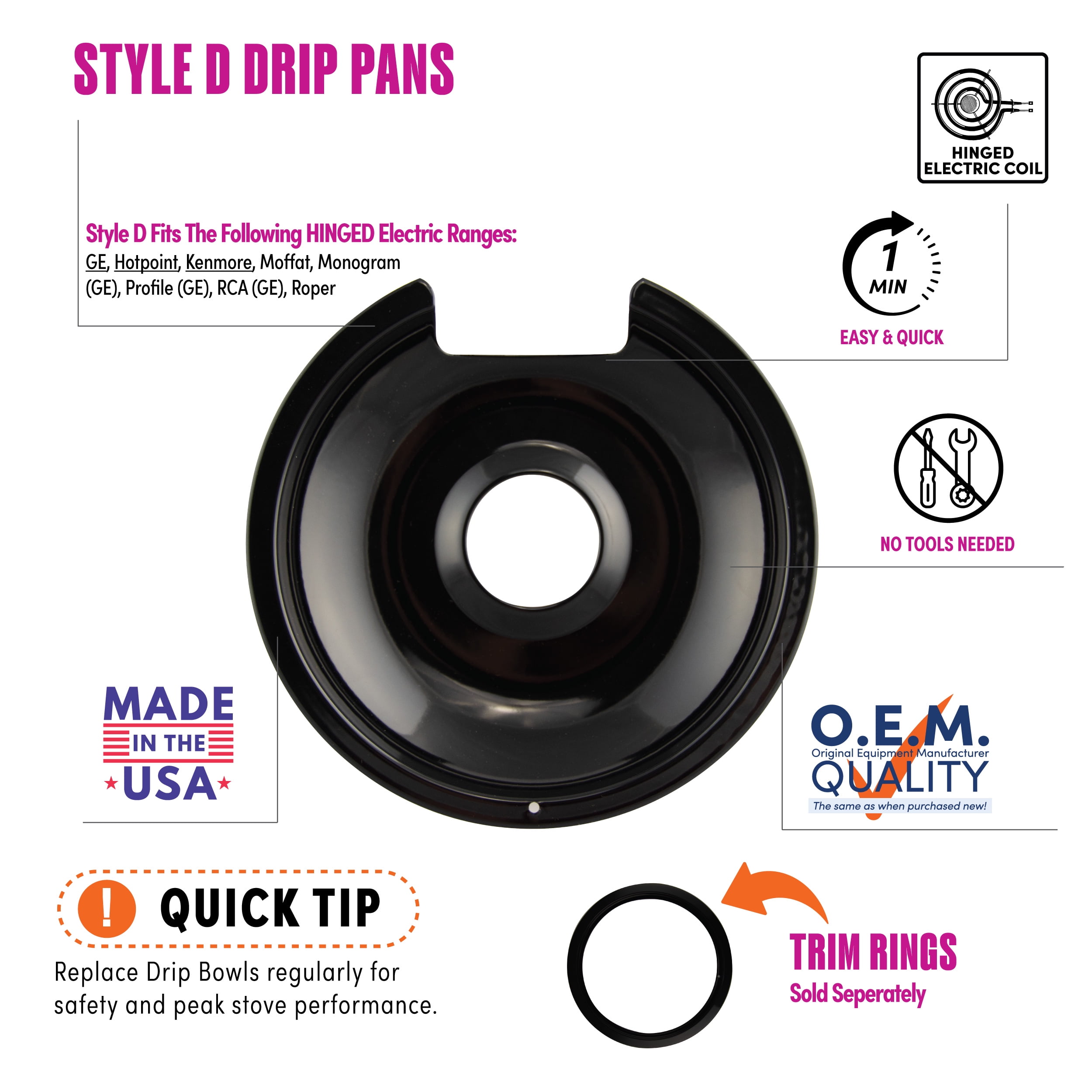 Range Kleen Small Drip Pans, Style D, Black Porcelain, Set of 2 ...