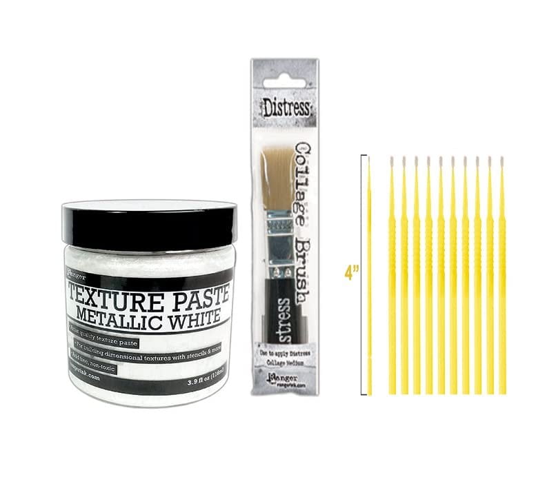 Ranger Texture Paste Bundle - Metallic White Texture Paste with Distress Collage Brush - with ...