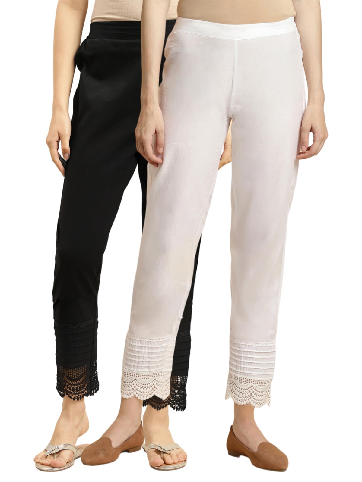 Rangita Women 100% Cotton Black & Off White Solid Calf Length Straight ...