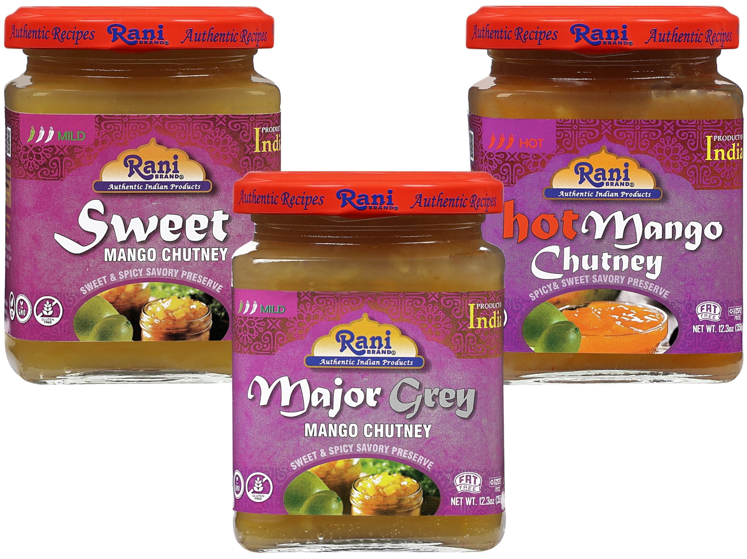 Rani 3-in-1 Mango Chutney (Hot, Sweet, Major Grey) 12.3oz (350g) Glass ...