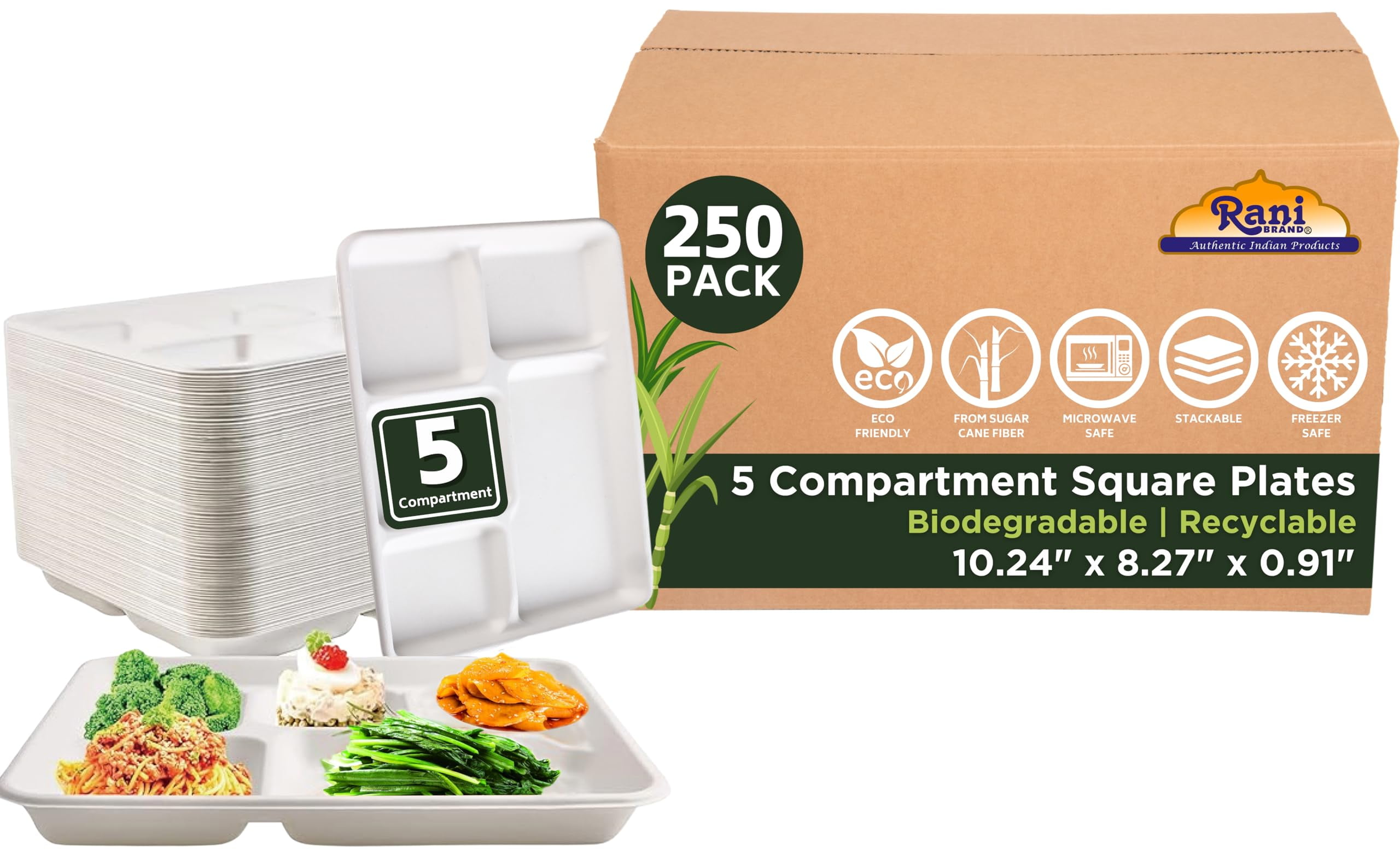 Rani 5 Compartment Square Biodegradable Divided Plates, Pack of 250 ...