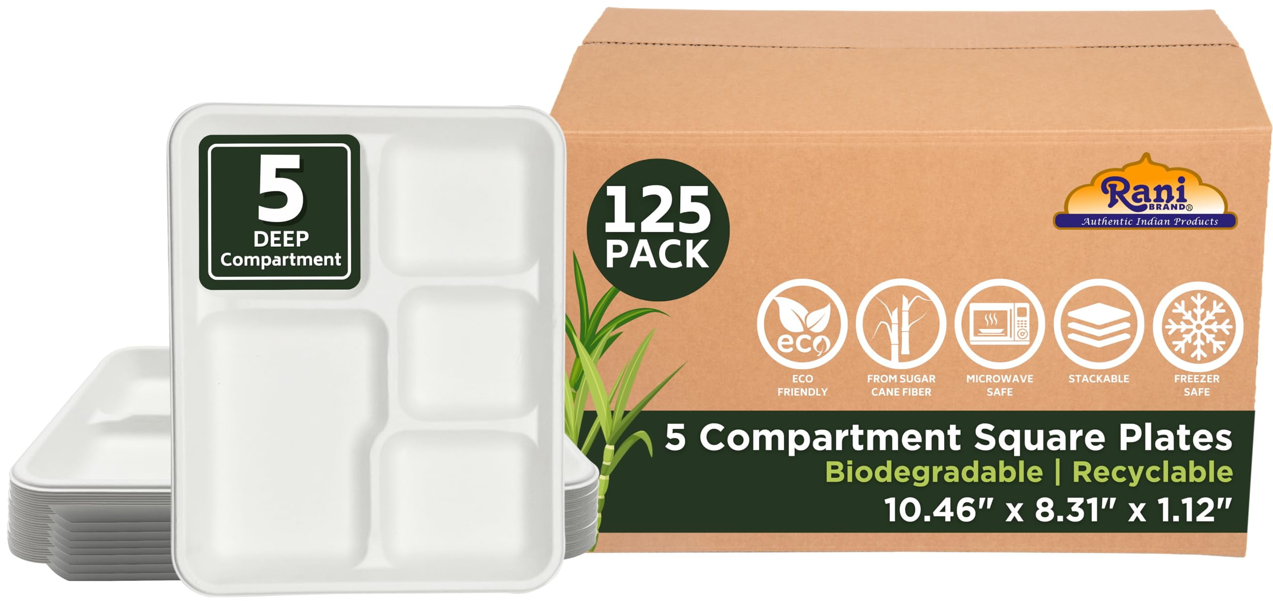 Rani 5 Deep Compartment Square Biodegradable Divided Plates, Pack of ...