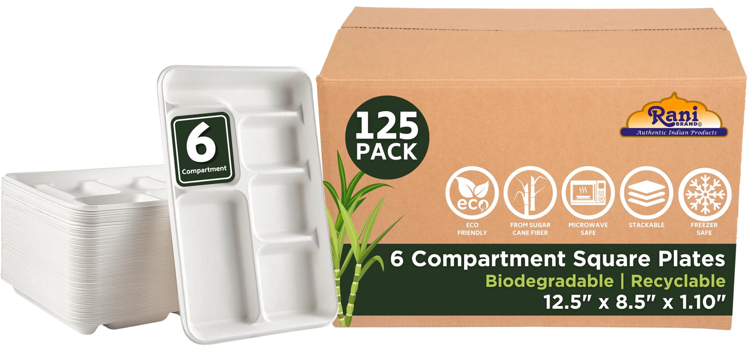 Rani 6 Compartment Square Biodegradable Divided Plates, Pack of 125 ...