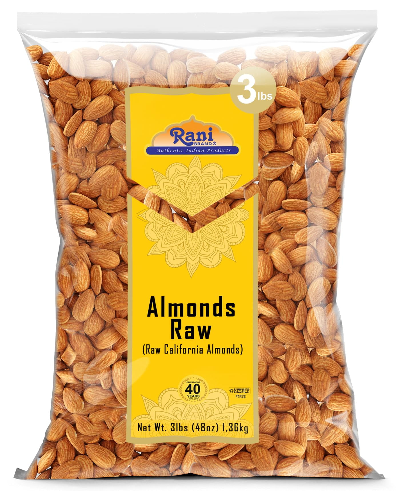 Rani Raw Whole Almonds, Unsalted, Uncooked, 3lbs, Vegan, Kosher, Gluten ...
