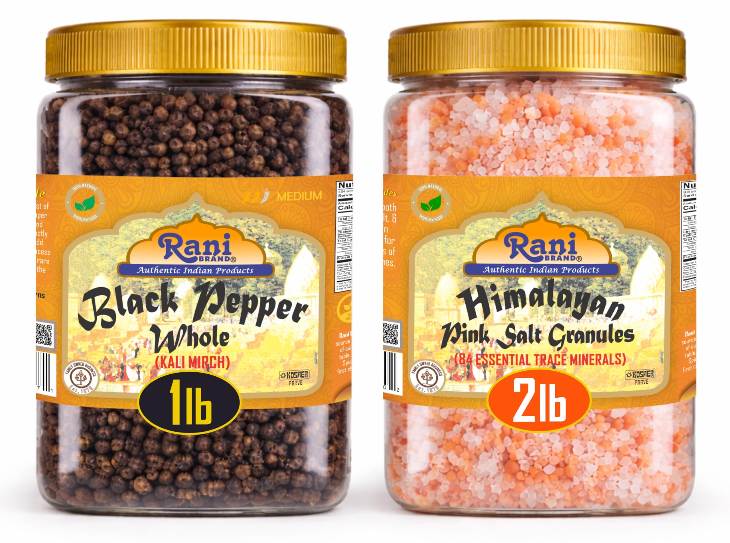 Rani Black Pepper Whole 16oz (1lb) 454g PET Jar & Himalayan Pink Salt ...