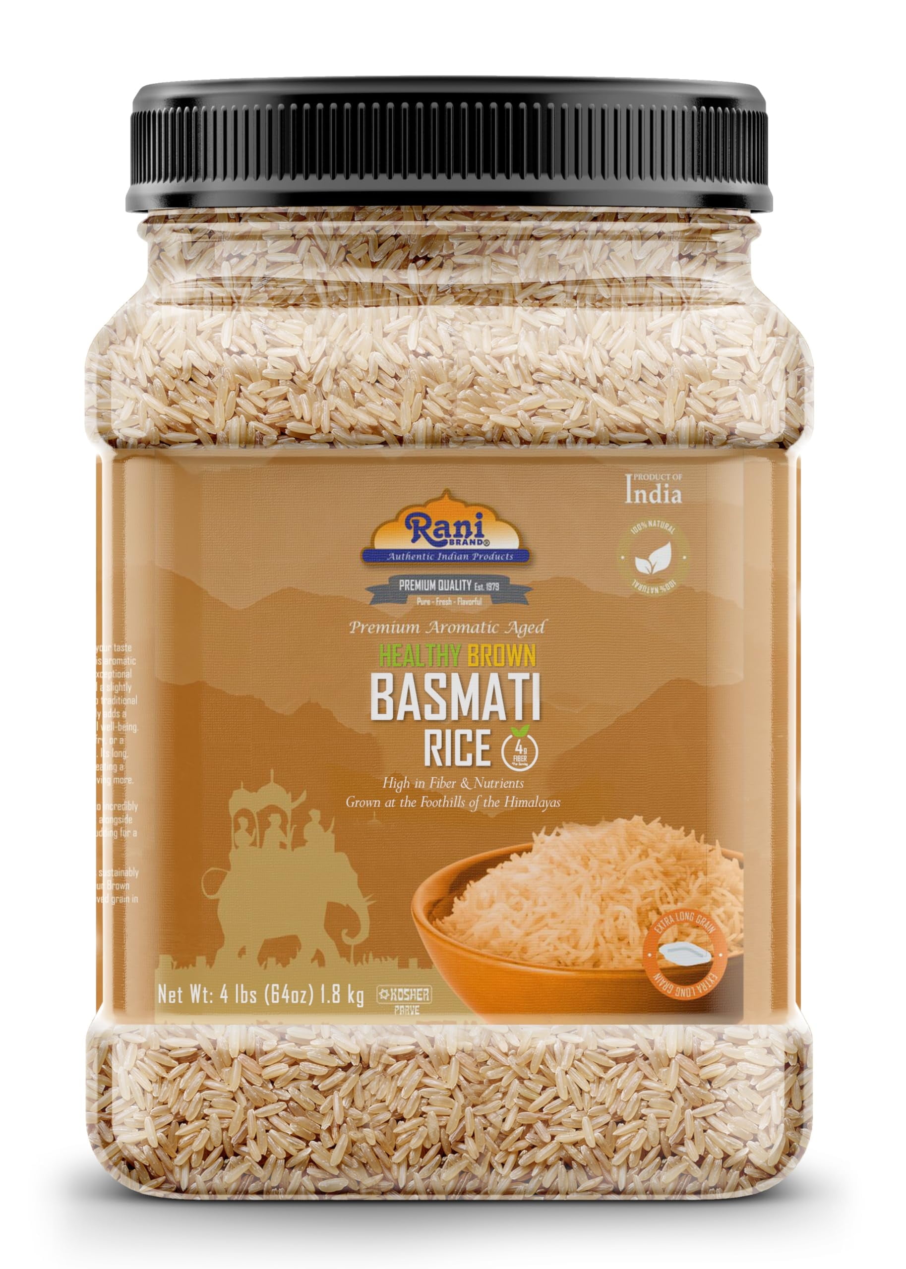 Rani Brown Basmati Rice Extra Long Aged 64oz (4lbs) 1.81kg PET Jar ...