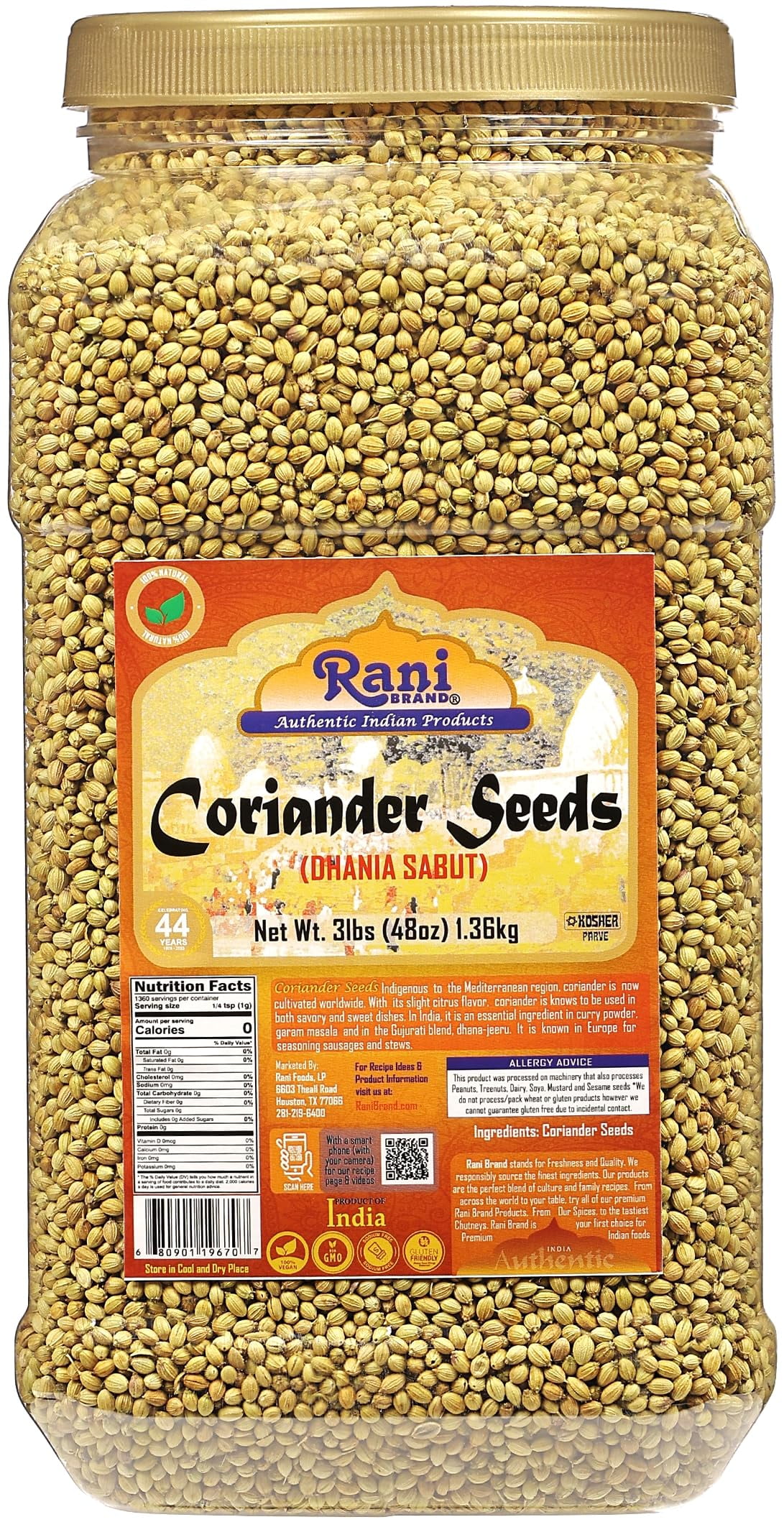 Rani Coriander (Dhania) Seeds Whole, Indian Spice 48oz (3lbs) 1.36kg ...