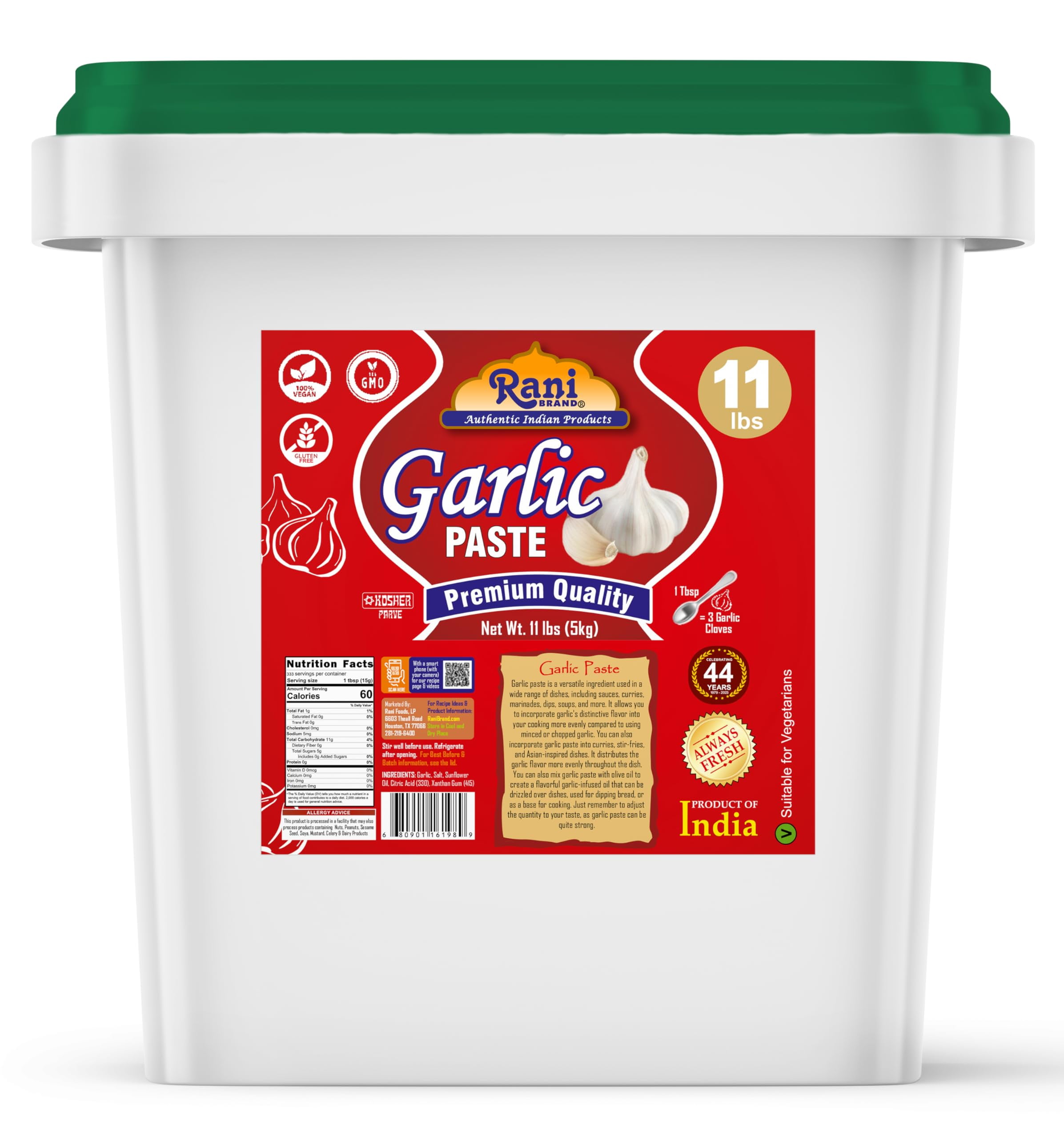 Rani Garlic Cooking Paste 176oz (11lbs) 5kg Bulk ~ Vegan | Gluten Free ...