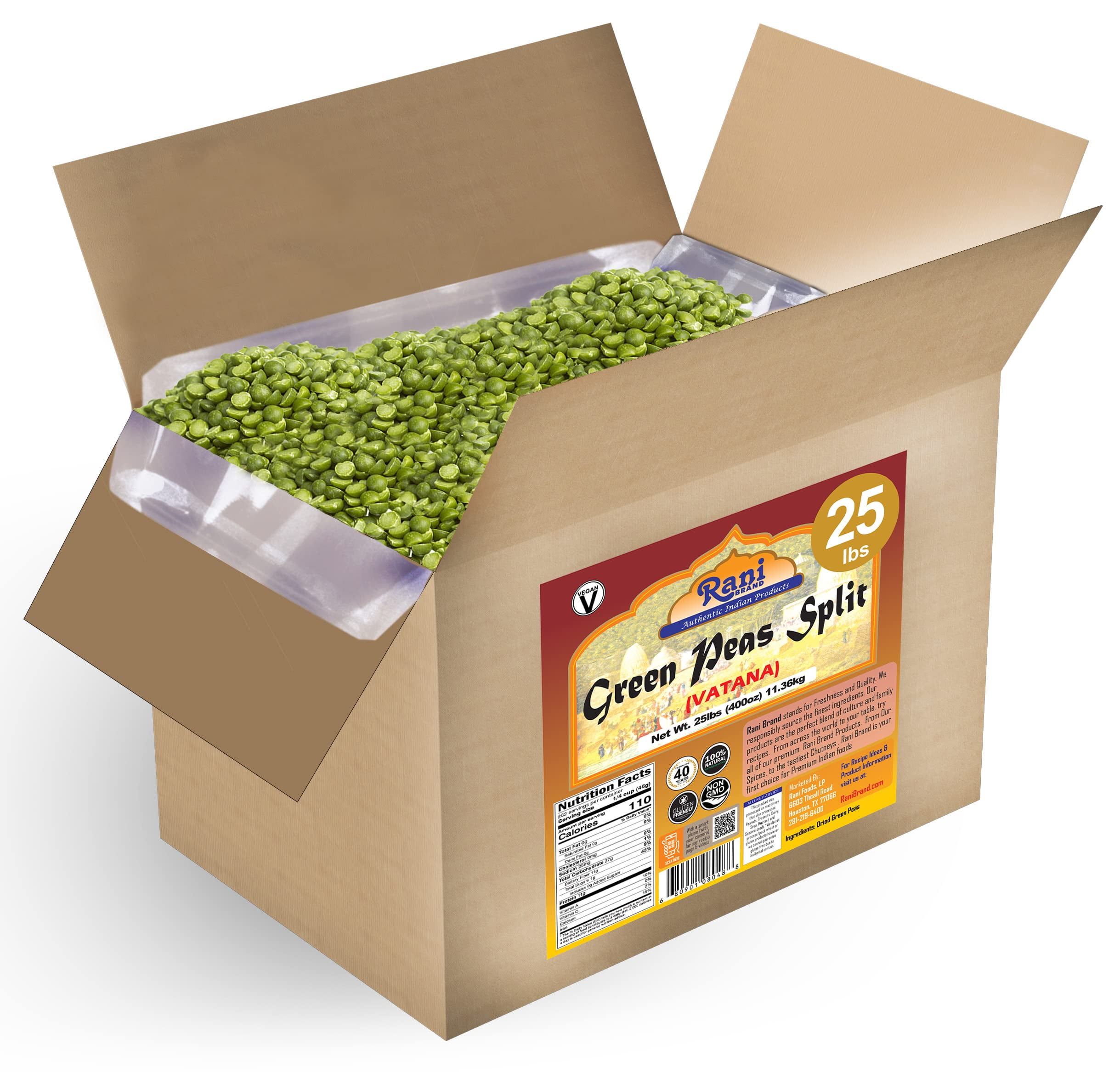 Rani Green Peas Split, Dried Vatana Matar, 25lbs Bulk Box, Natural ...
