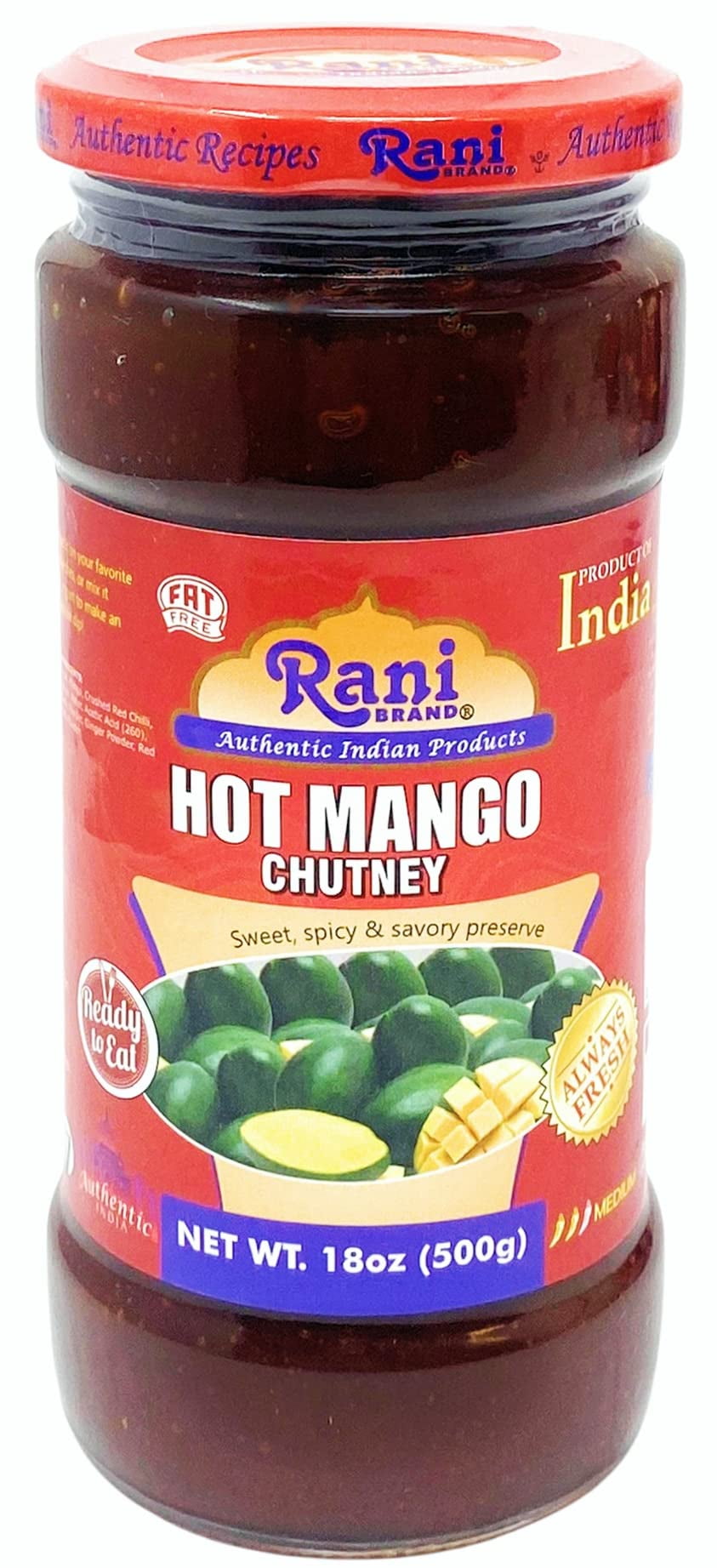 Rani Hot Mango Chutney (Spicy Indian Preserve) 18oz (1.1lbs) 500g Glass ...
