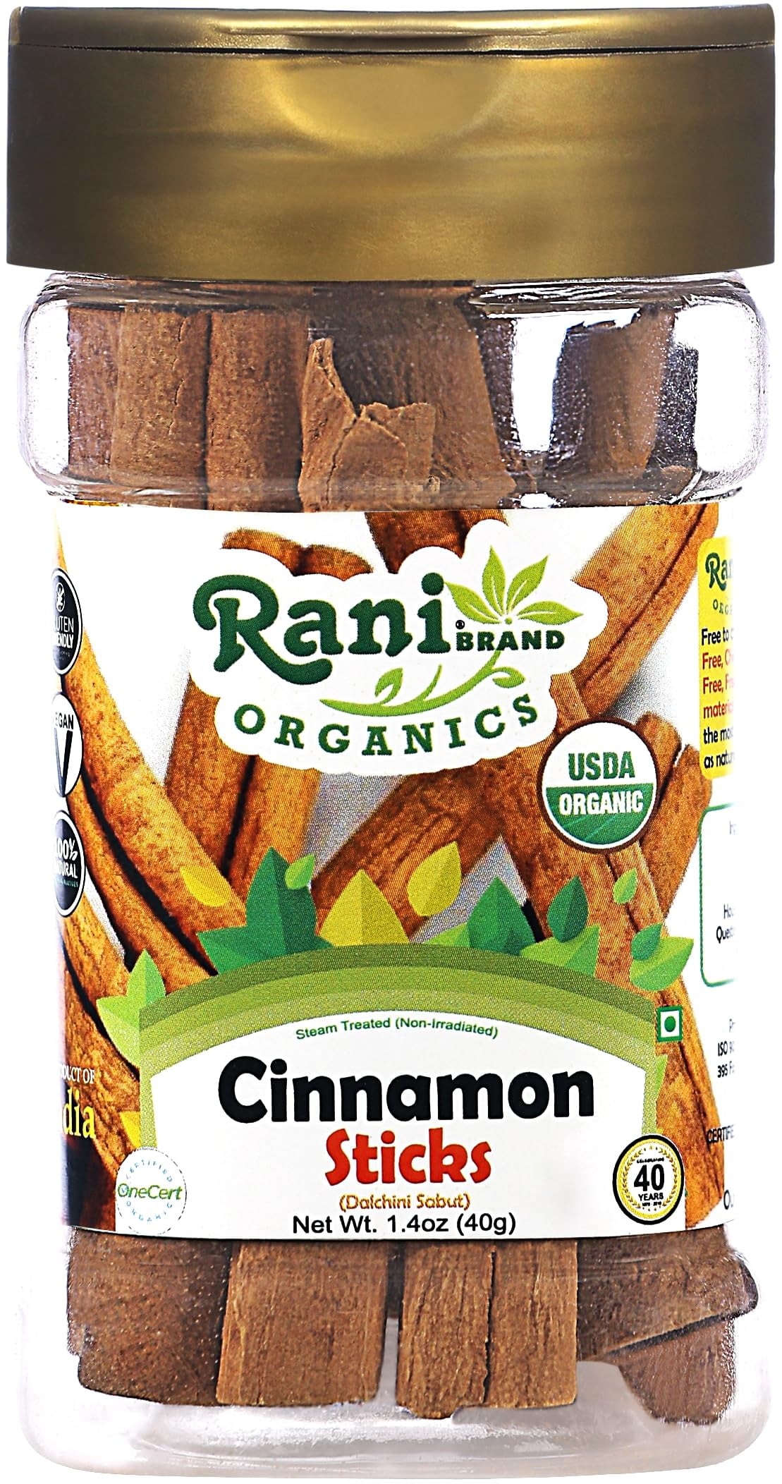 Rani Organic Cinnamon Sticks 1.4oz (40g) PET Jar - 7-9 Sticks - Strong ...