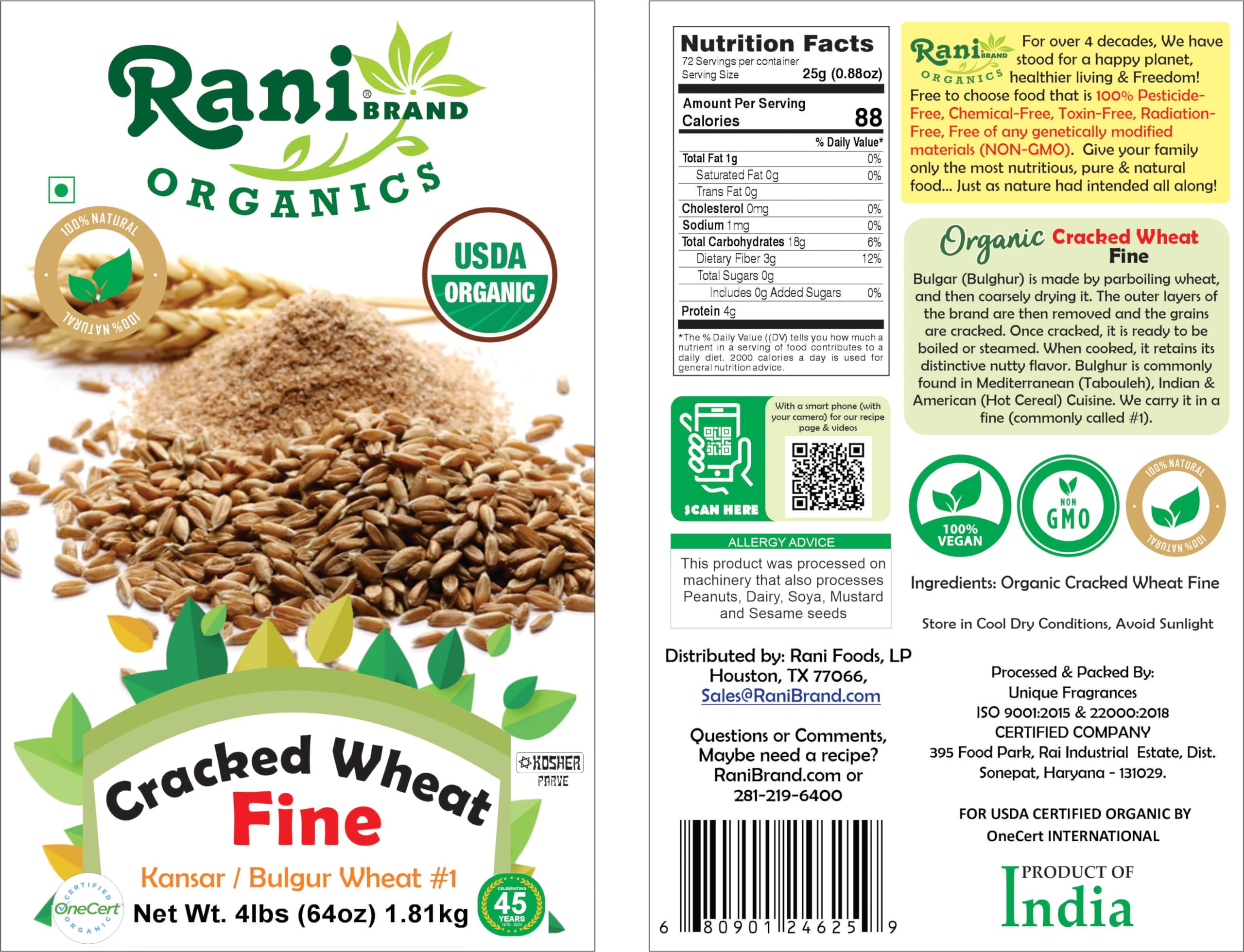 Rani Organic Cracked Wheat Fine (Kansar/Bulgur Wheat#1) 64oz (4lbs) 1 ...