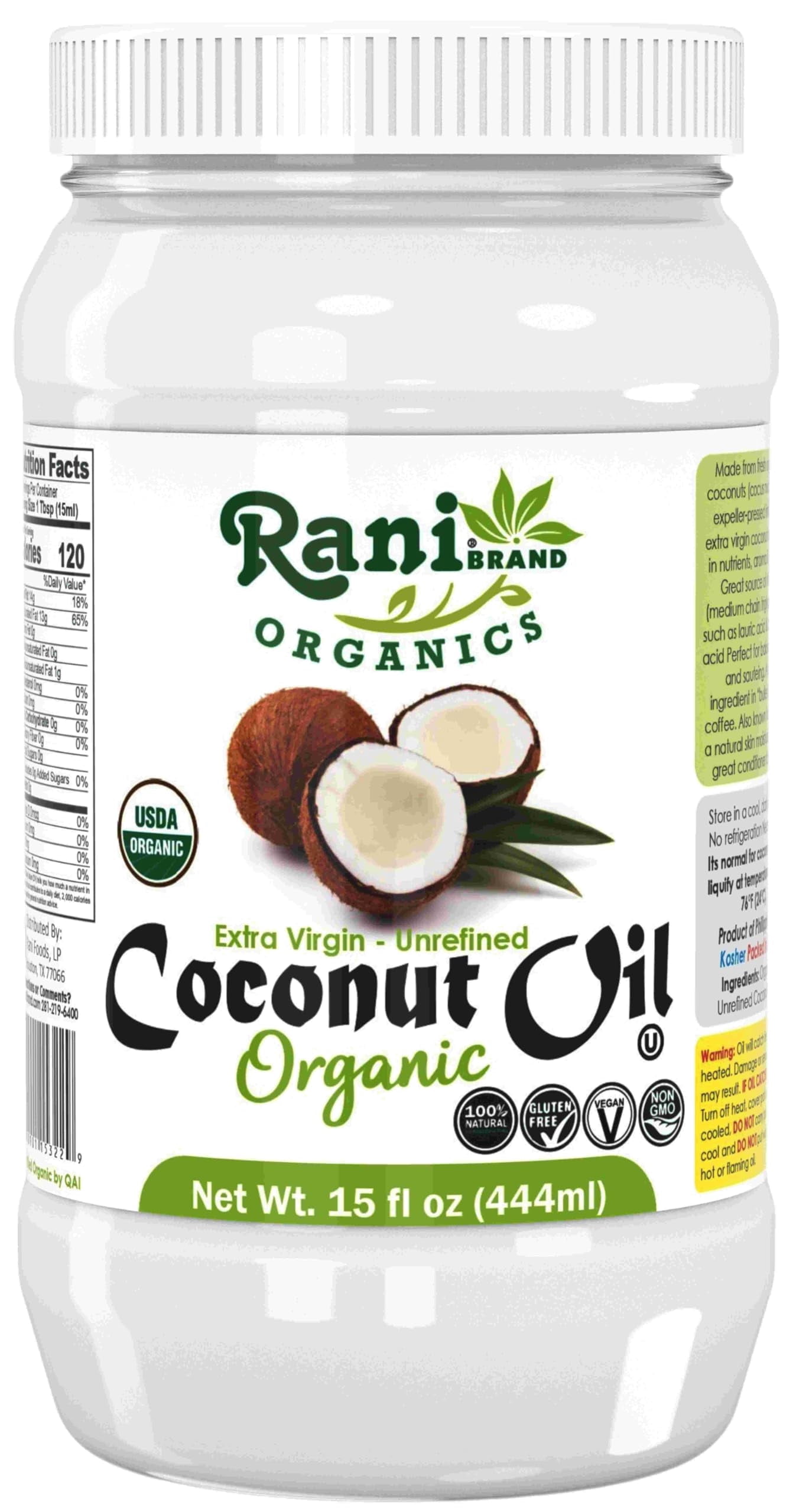 Rani Organic Extra Virgin Coconut Oil, Unrefined 15 fl oz (444ml) Cold ...