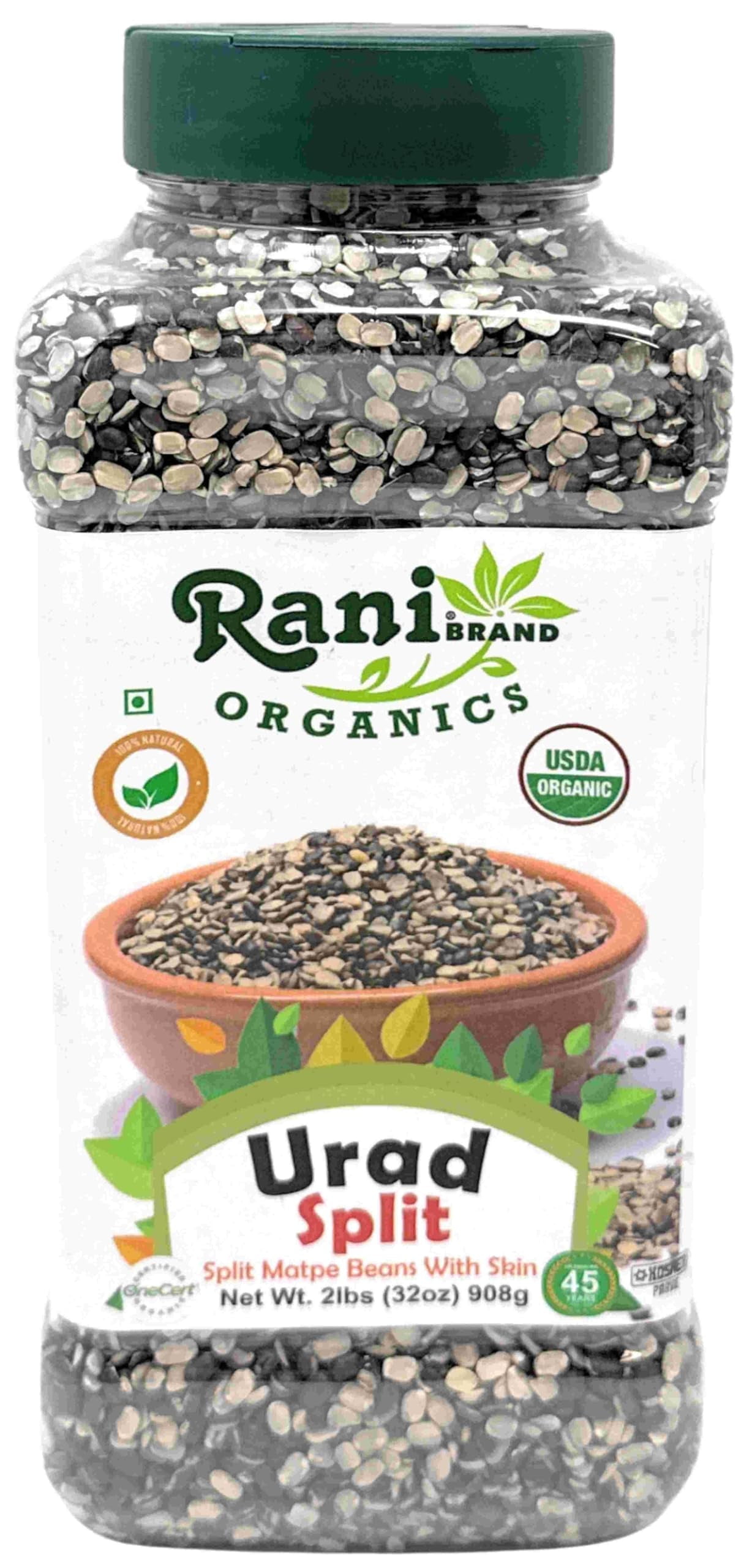 Rani Organic Urid/Urad Split Chilka (Split Matpe Beans with Skin) 32oz (2lbs) 908g PET Jar ~ All ...