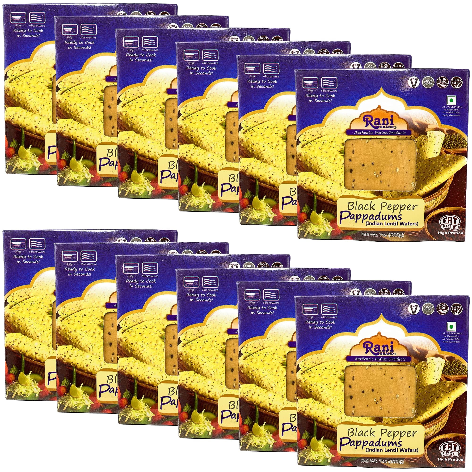Rani Pappadums (Indian Lentil Wafer Snack) Black Pepper Papad 7oz (200g ...