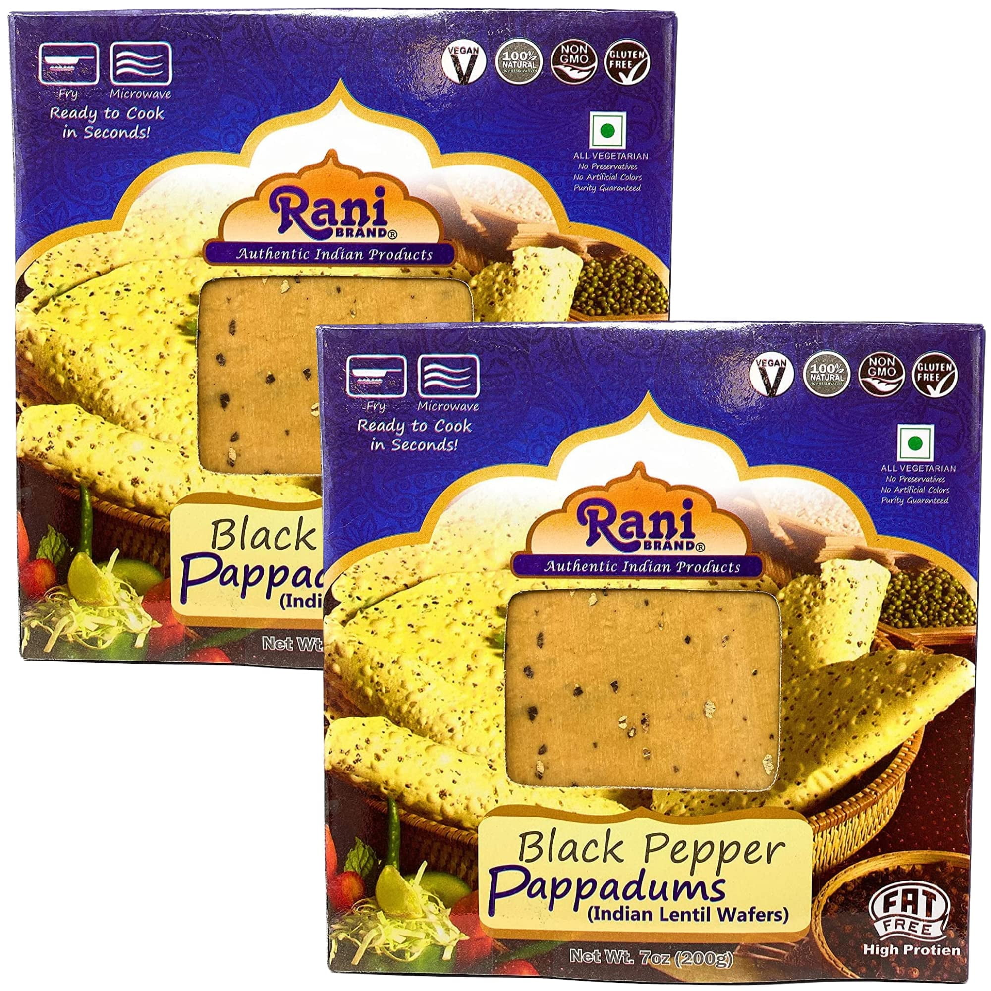 Rani Pappadums (Indian Lentil Wafer Snack) Black Pepper Papad 7oz (200g ...