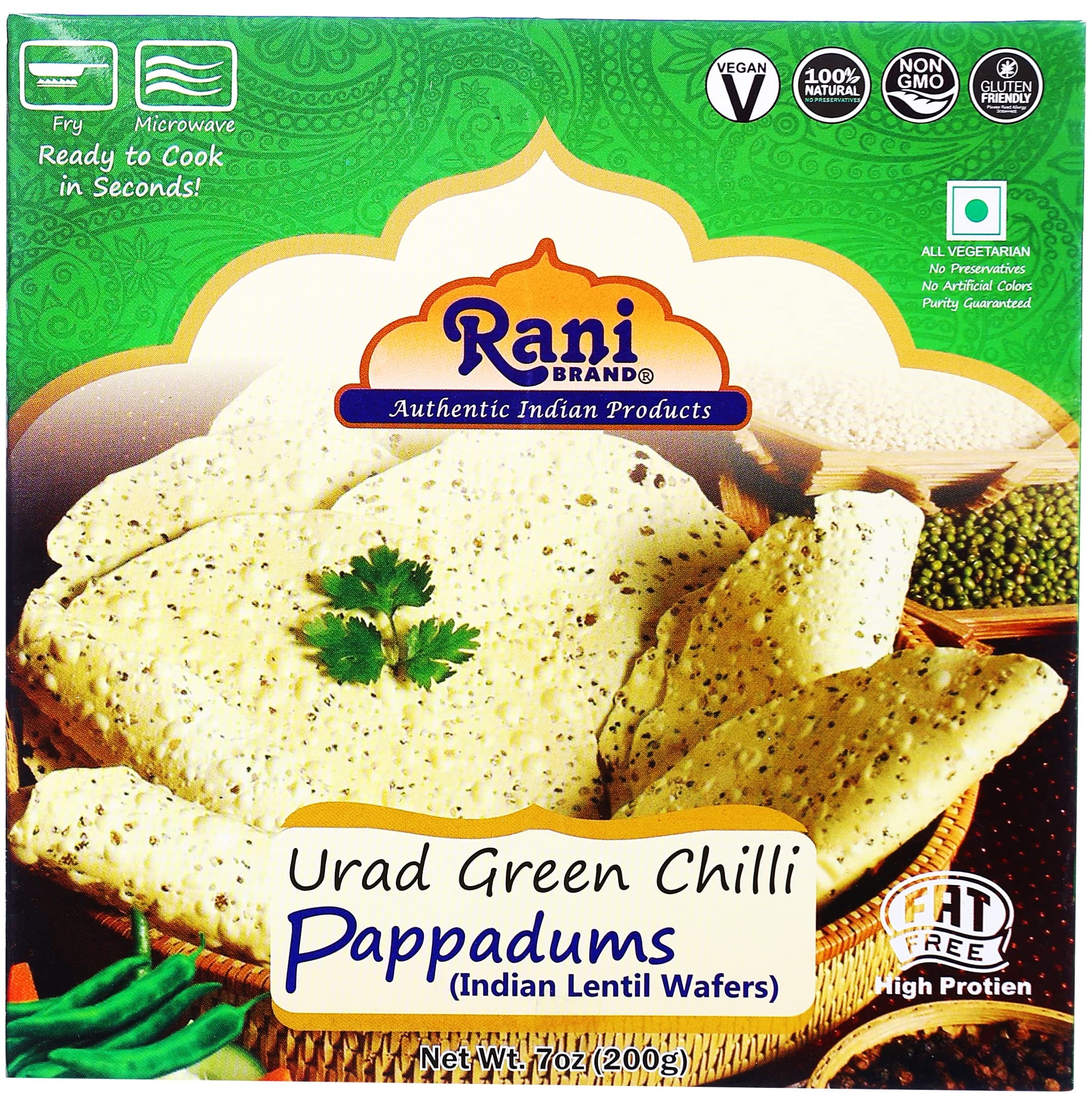 Rani Pappadums (Indian Lentil Wafer Snack) Green Chilli Papad 7oz (200g ...