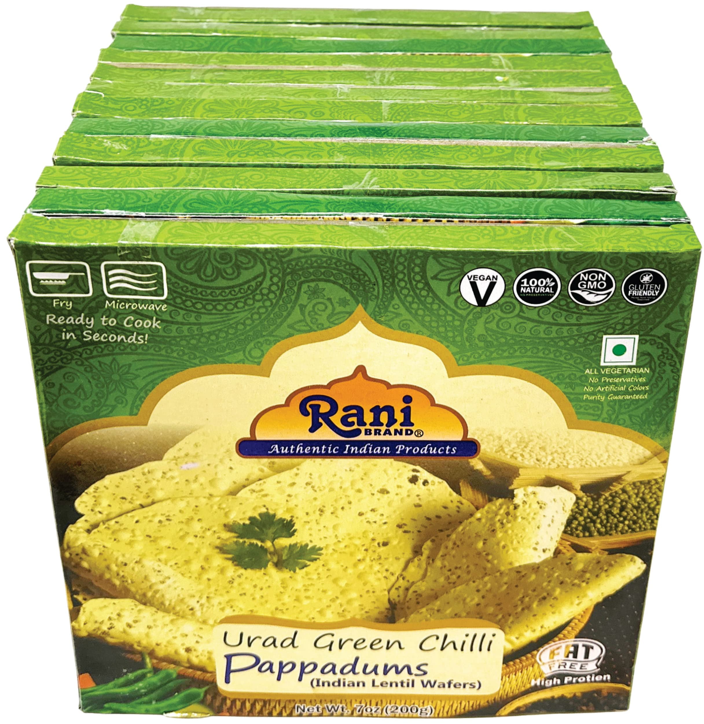 Rani Pappadums (Indian Lentil Wafer Snack) Green Chilli Papad 7oz (200g ...