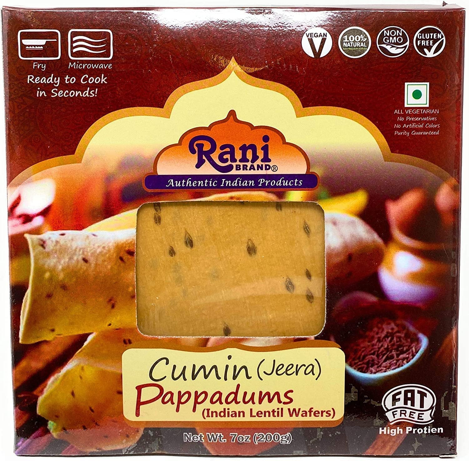 Rani Pappadums (Indian Lentil Wafer Snack) Jeera (Cumin) Papad 7oz ...