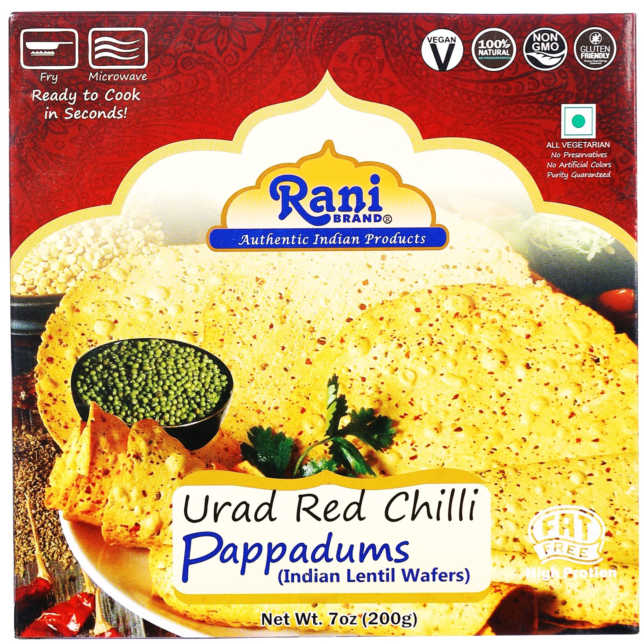Rani Pappadums (Indian Lentil Wafer Snack) Red Chilli Papad 7oz (200g ...