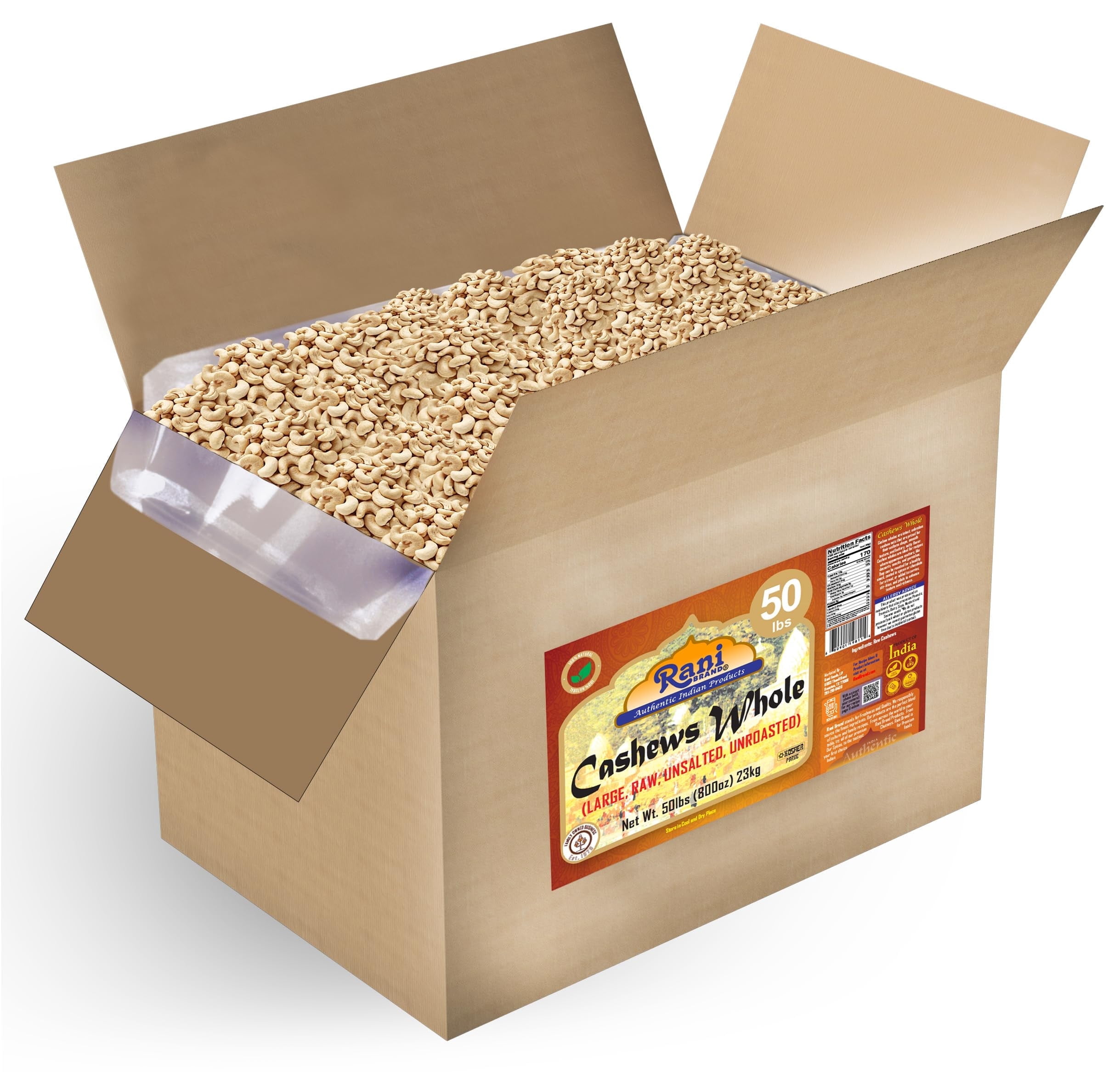Rani Raw Cashews Whole (uncooked, unsalted) 800oz (50lbs) 23kg Vacuum ...