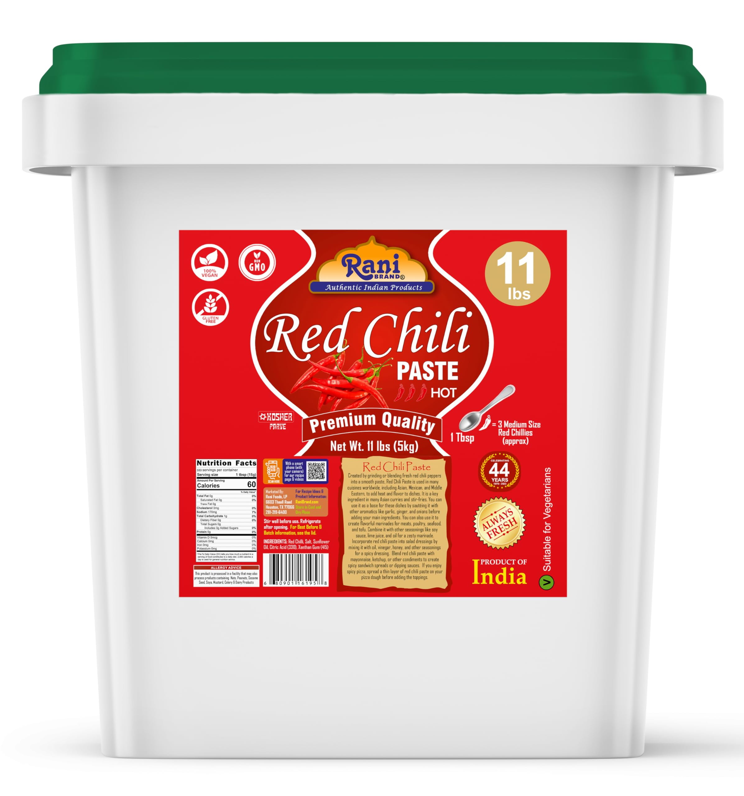 Rani Red Chilli Cooking Paste 176oz (11lbs) 5kg Bulk ~ Vegan | Gluten ...