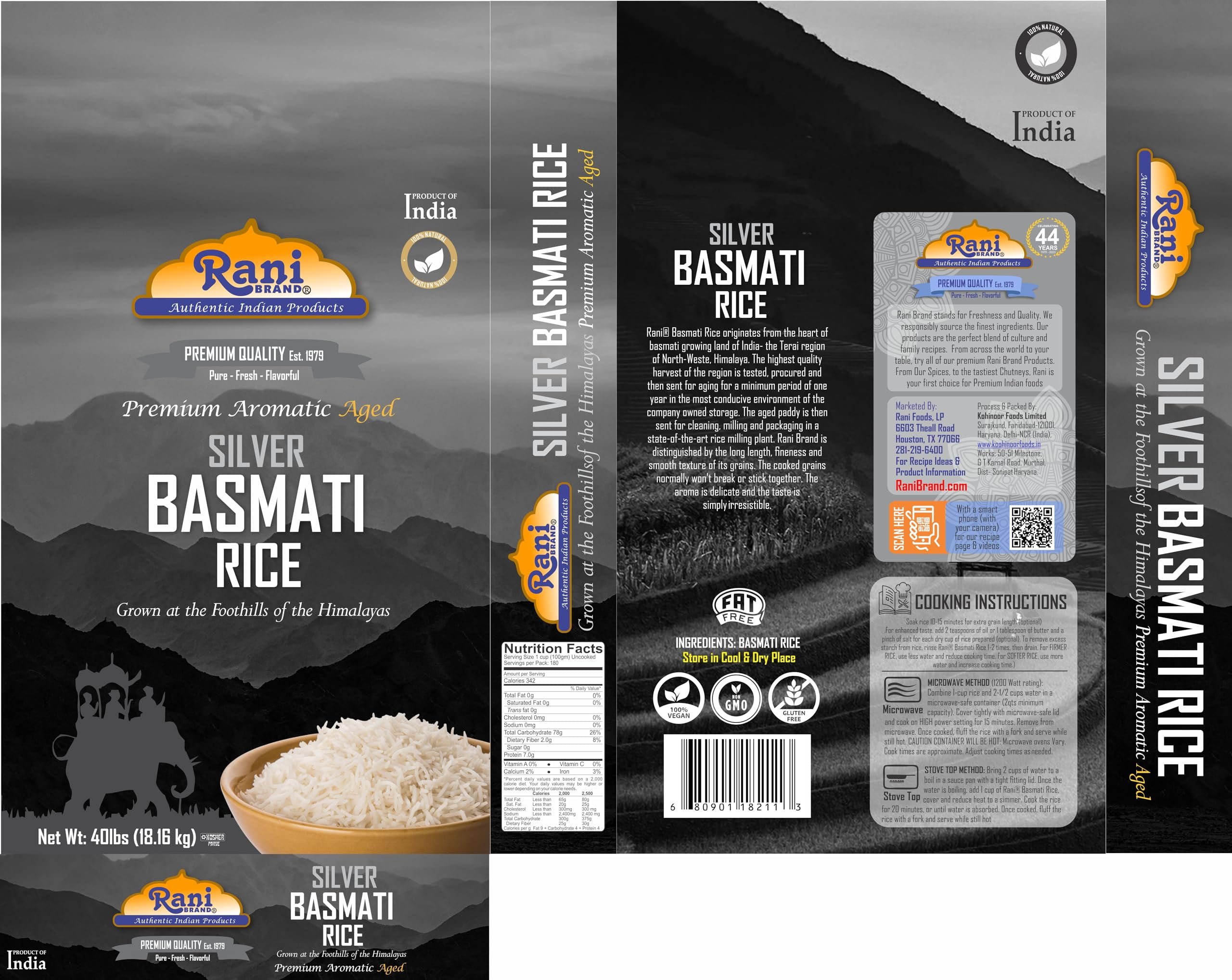 Rani Silver White Basmati Rice Extra Long Aged 40-Pound Bag, 640oz ...