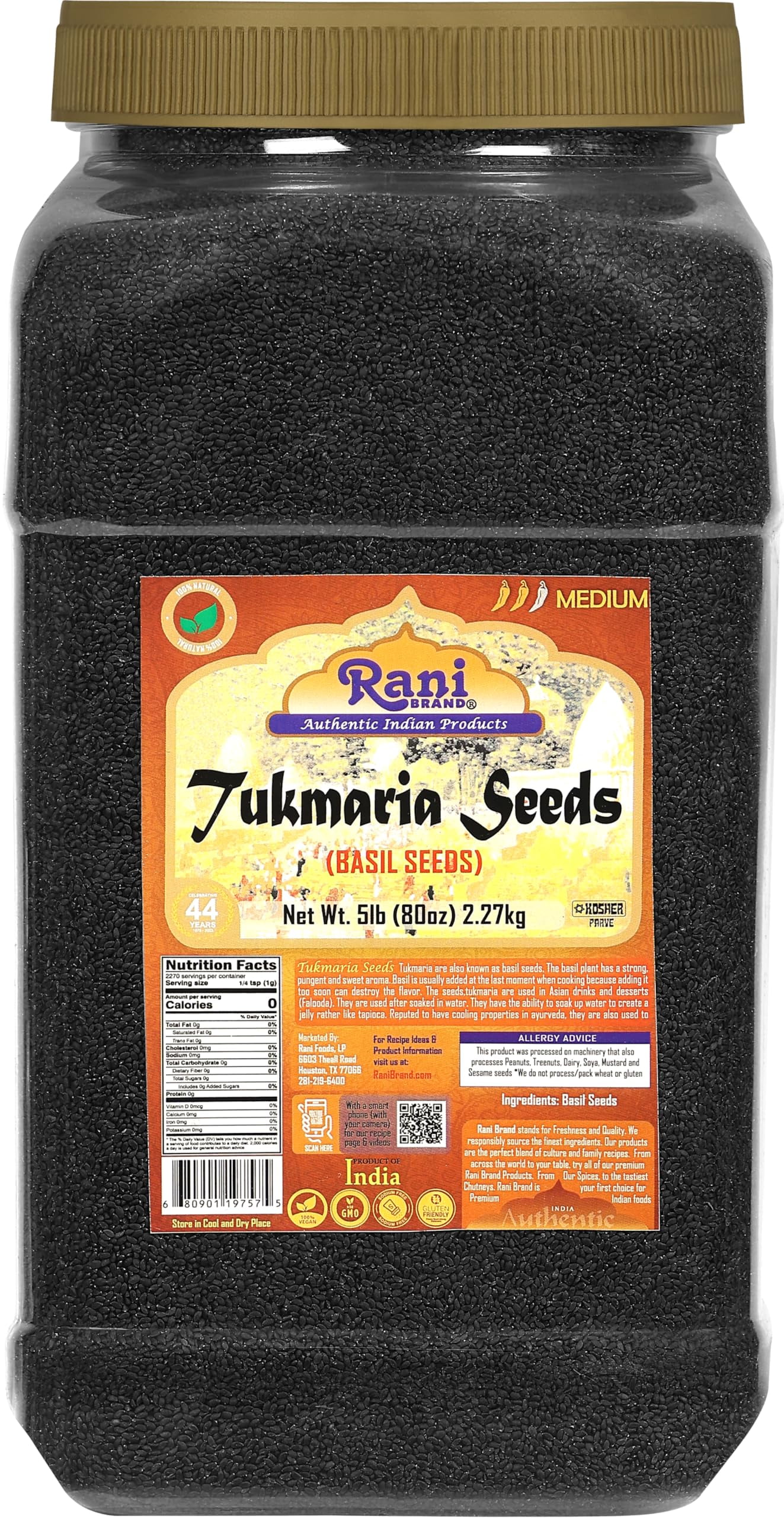 Rani Tukmaria (Holy Basil Seeds) 80oz (5lbs) 2.27kg, PET Jar, Used for ...