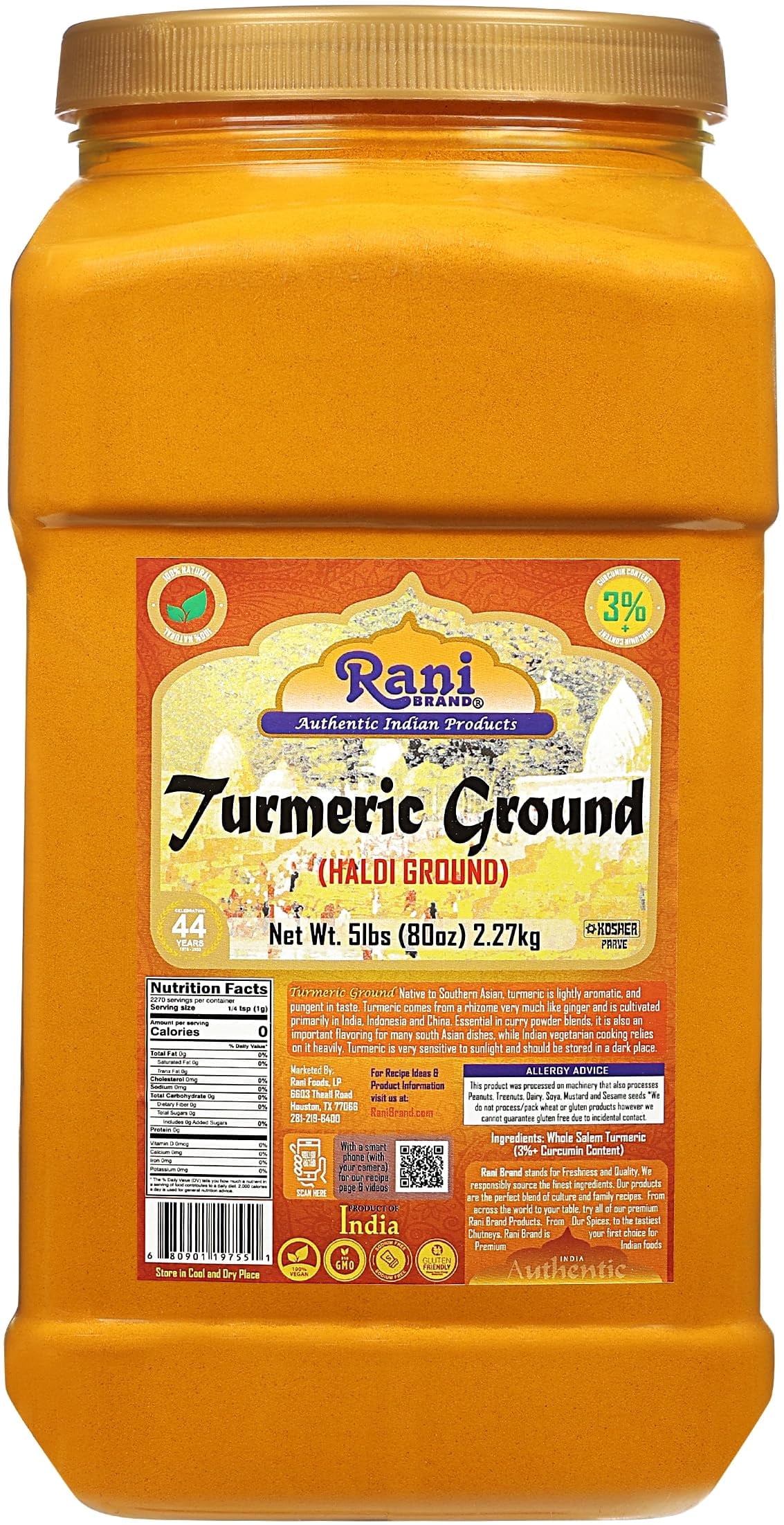 Rani Turmeric Root Powder, 80oz Bulk Jar, High Curcumin, Vegan, Gluten ...